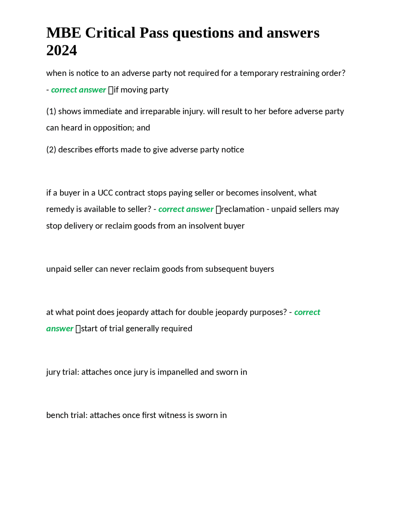 MBE Critical Pass questions and answers 2024 | Exams Nursing | Docsity