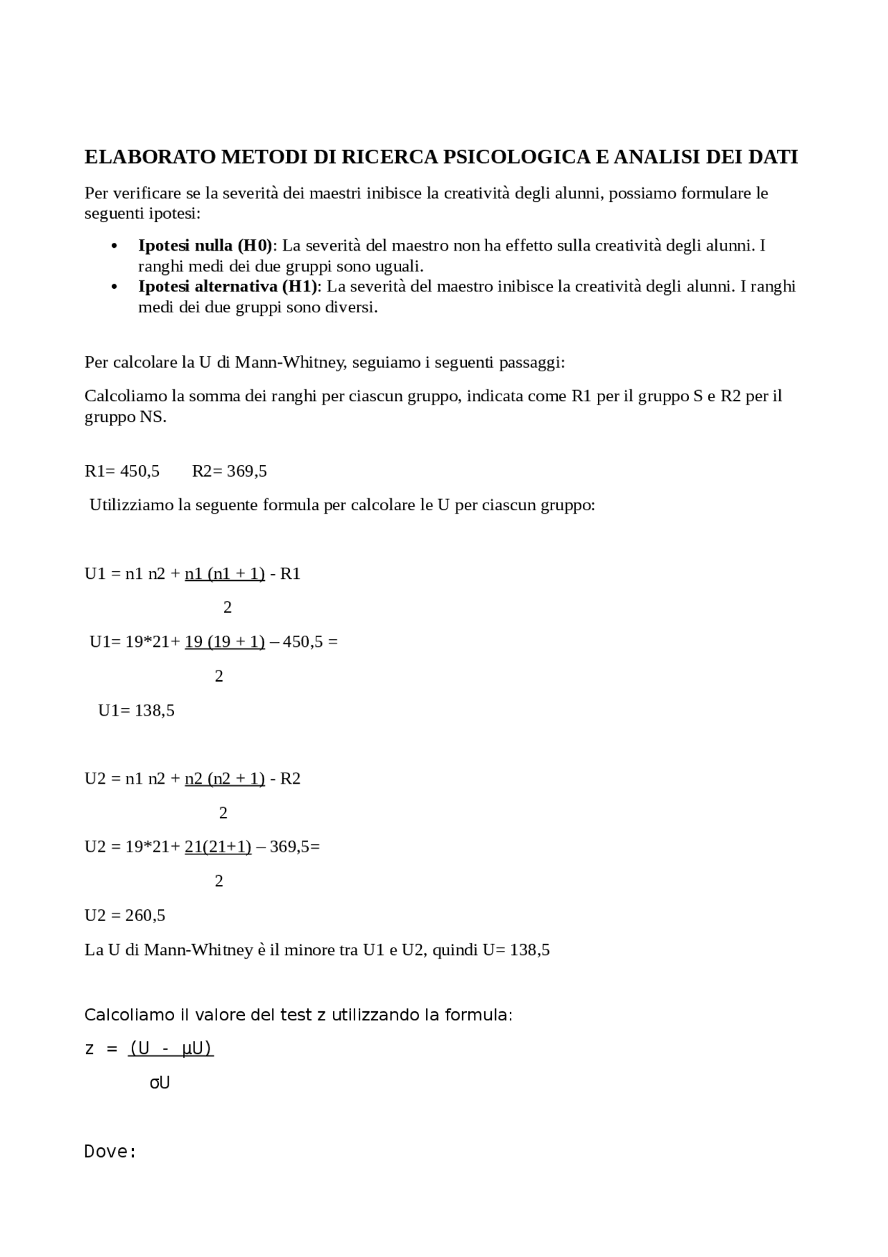 elaborato metodi di ricerca psicologica e analisi dei dati | Esercizi ...