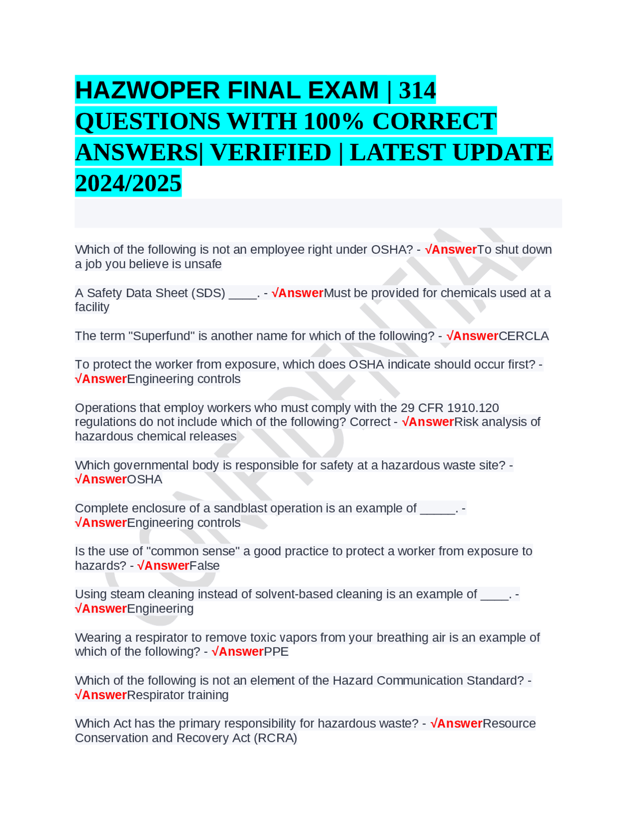 HAZWOPER FINAL EXAM | 314 QUESTIONS WITH 100% CORRECT ANSWERS| VERIFIED ...