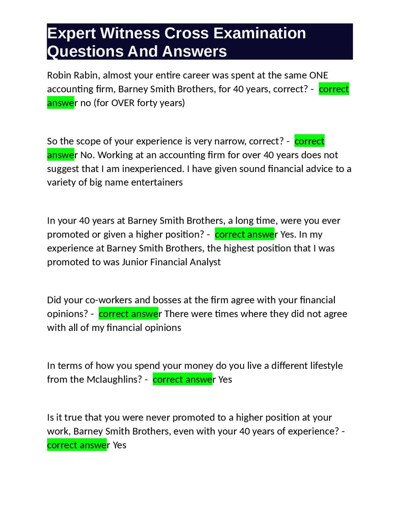 Expert Witness Cross Examination Questions And Answers | Exams Cross ...