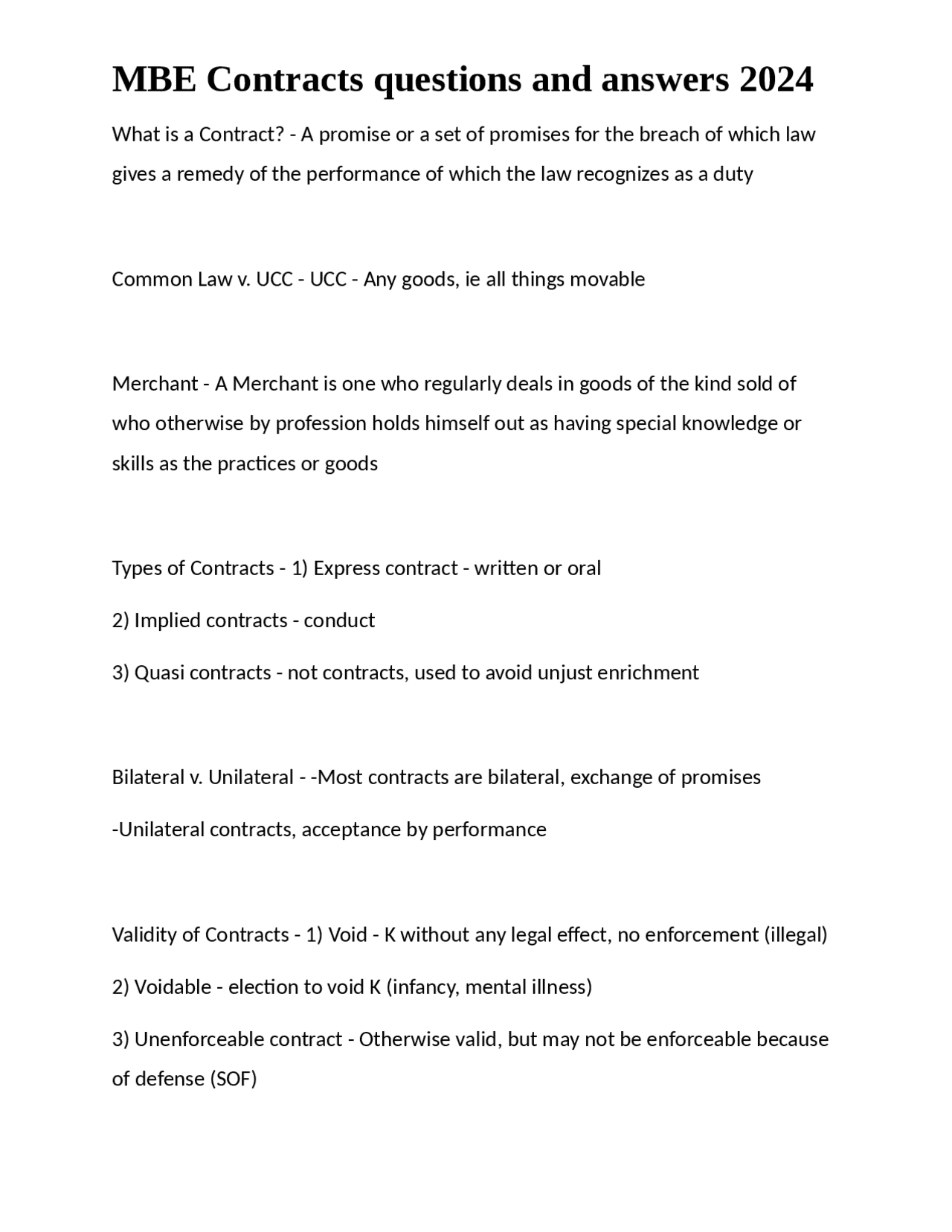 MBE Contracts questions and answers 2024 | Exams Nursing | Docsity