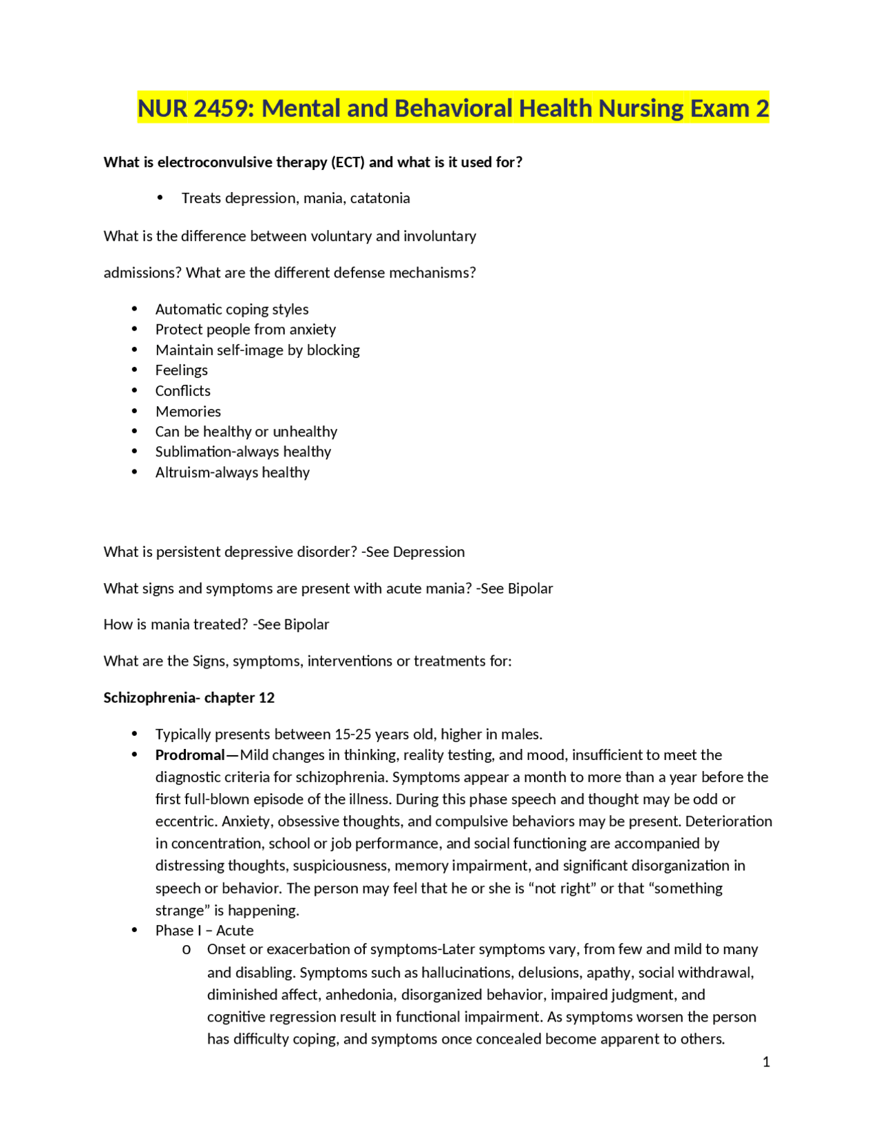 NUR 2459: Mental and Behavioral Health Nursing Exam 2 | Study Guides, Projects, Research Health ...