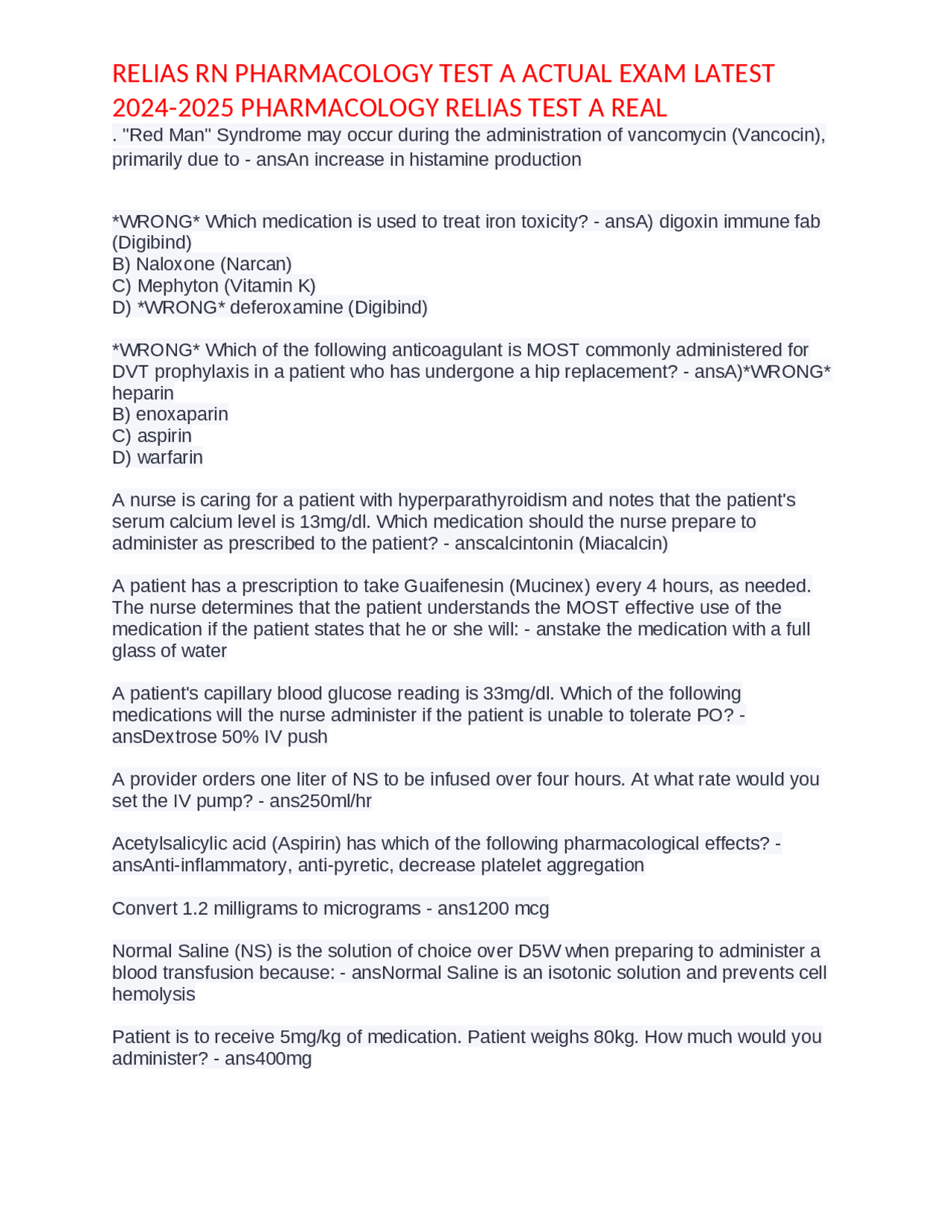 RELIAS RN PHARMACOLOGY TEST A ACTUAL EXAM LATEST 2024-2025 PHARMACOLOGY ...