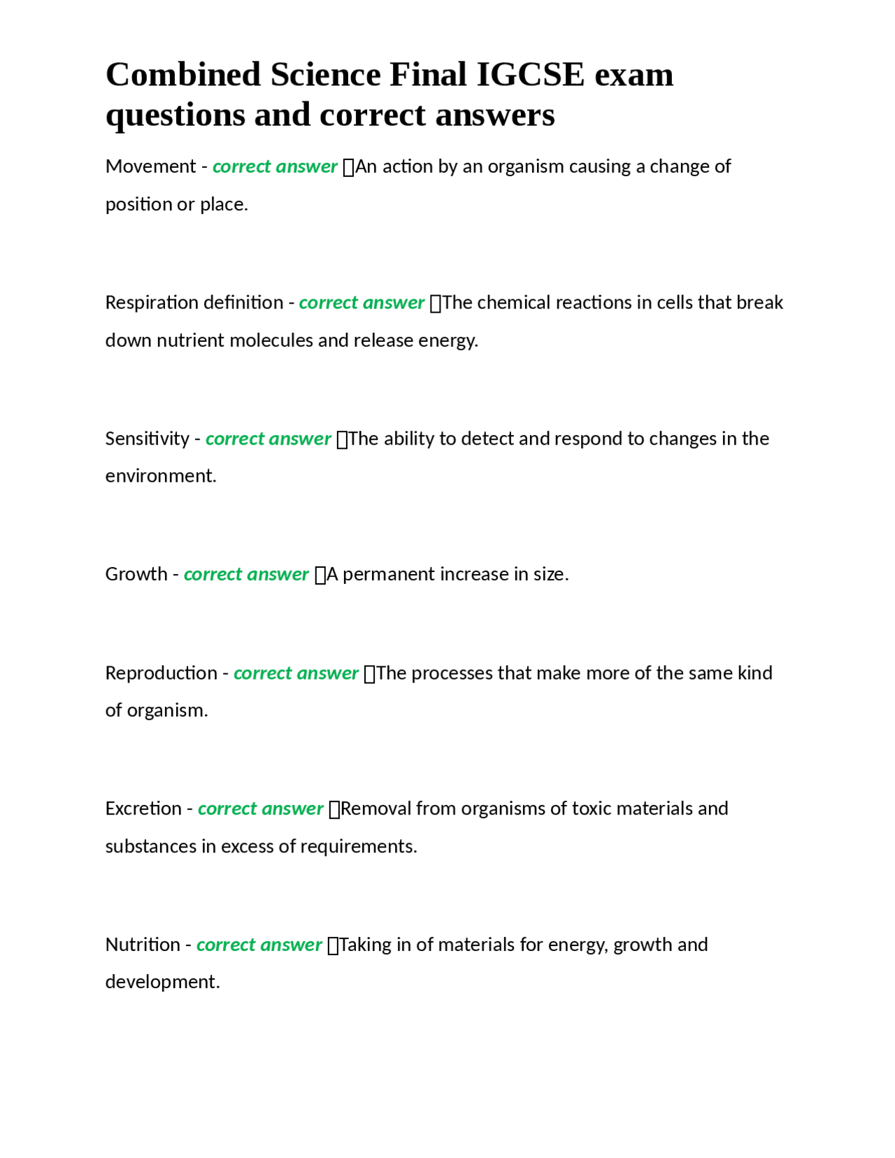 Combined Science Final IGCSE exam questions and correct answers | Exams Nursing | Docsity