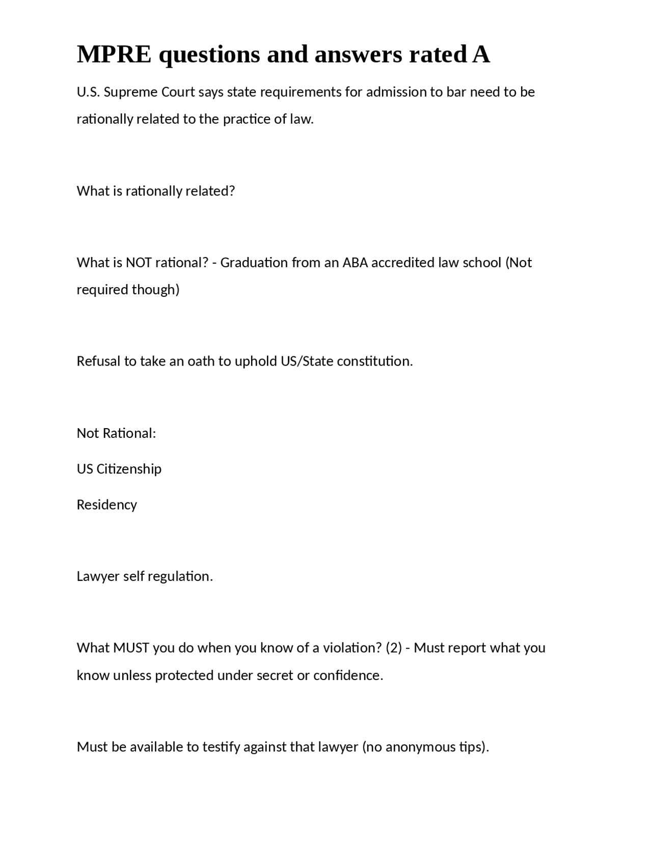 MPRE questions and answers rated A | Exams Nursing | Docsity