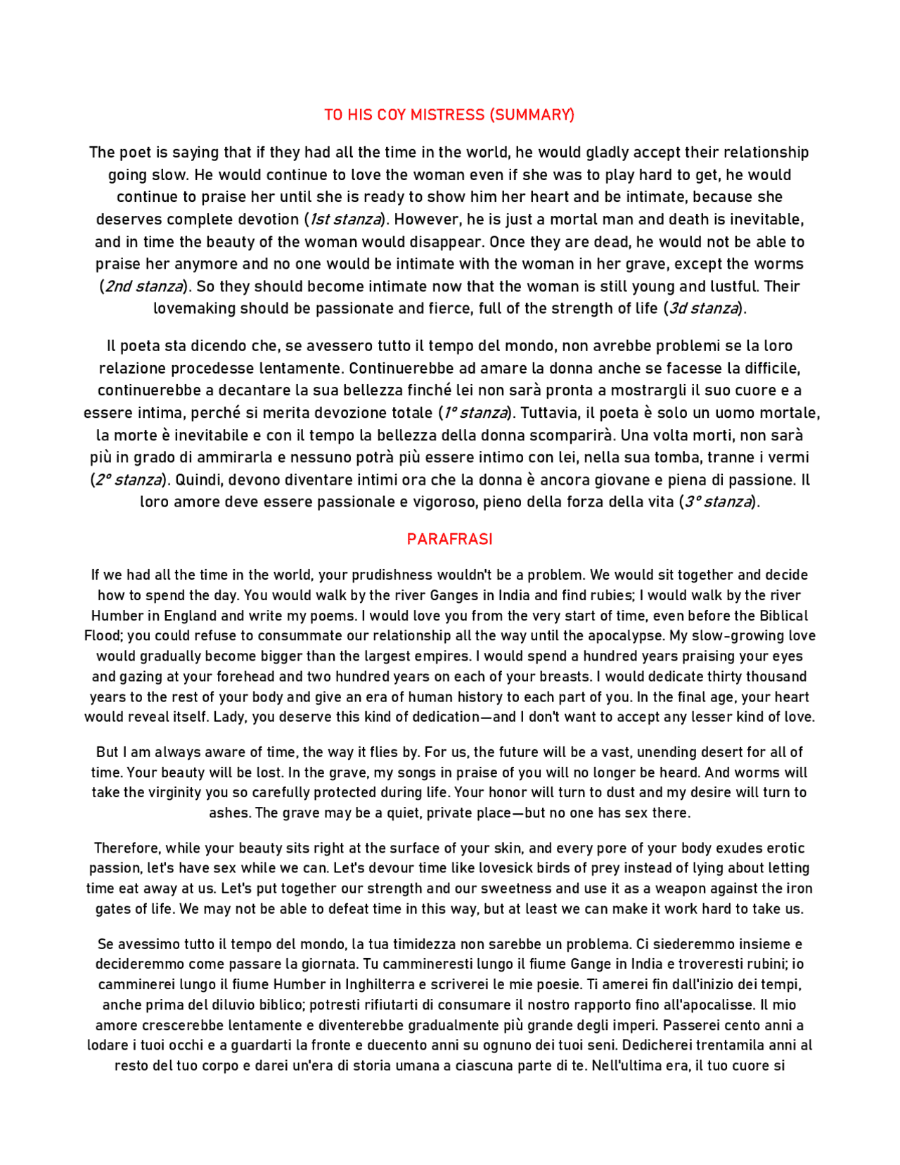 To His Coy Mistress: Analysis and Translation | Appunti di Inglese ...