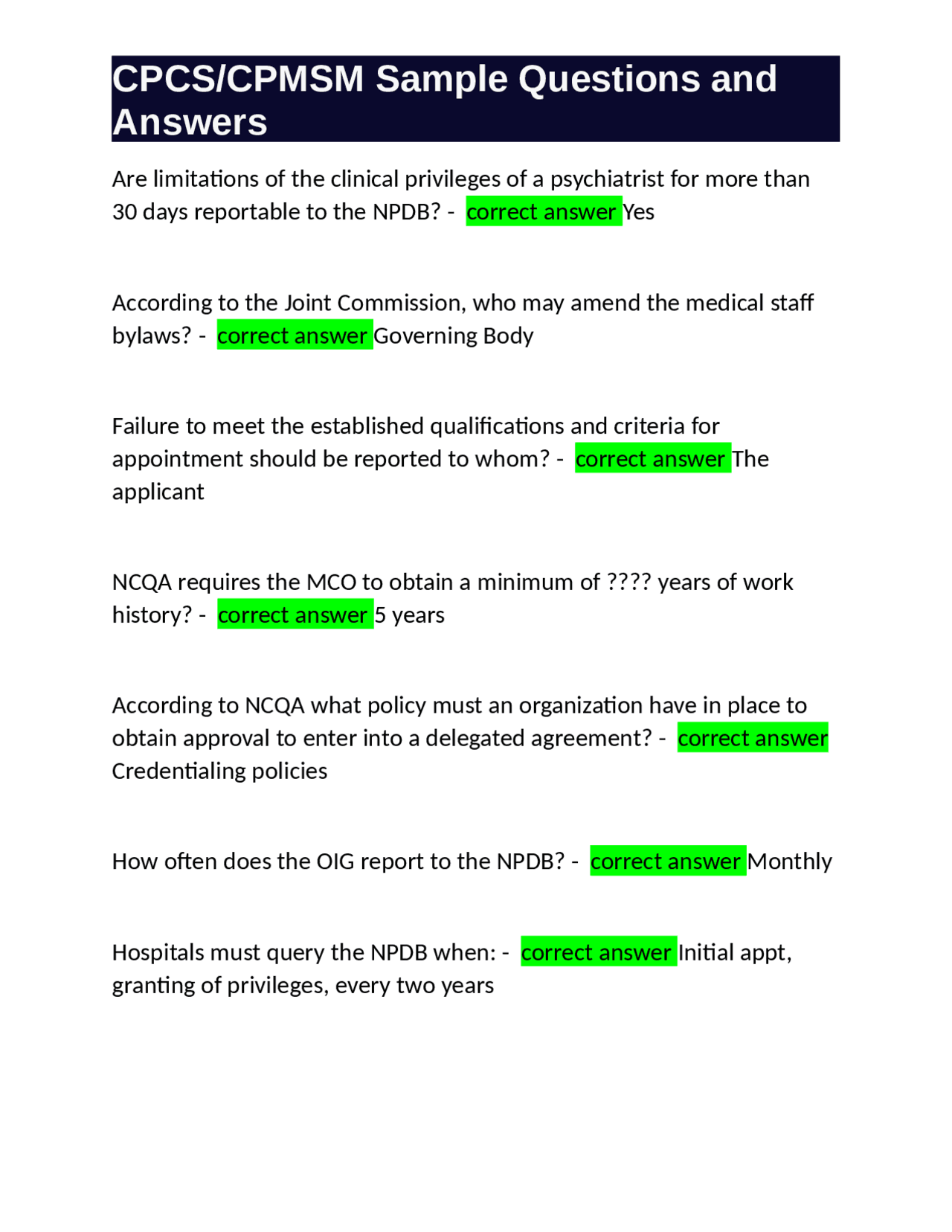 CPCS/CPMSM Sample Questions and Answers | Exams Organization and ...