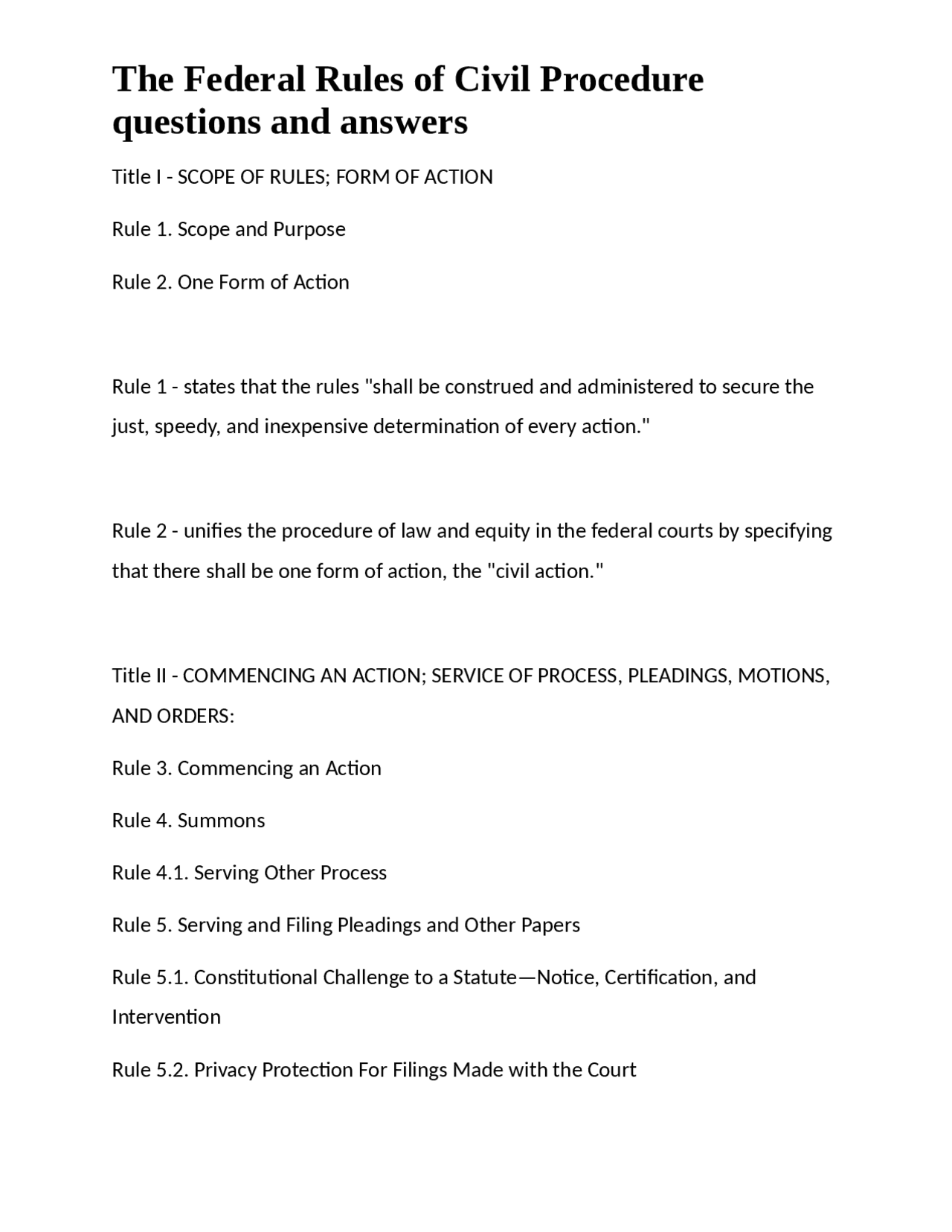 The Federal Rules of Civil Procedure questions and answers | Exams ...