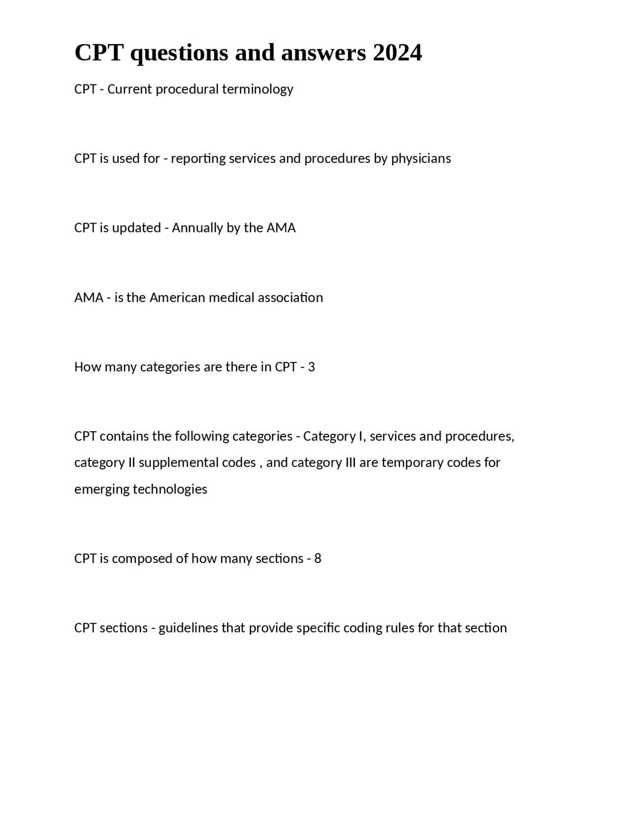CPT questions and answers 2024 | Exams Nursing | Docsity