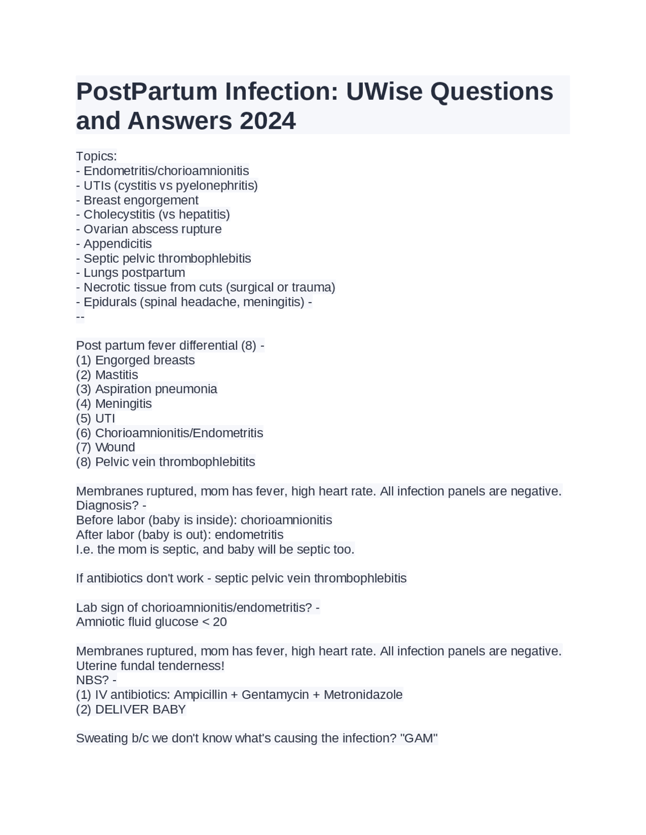 PostPartum Infection: UWise Questions and Answers 2024 | Exams Nursing ...