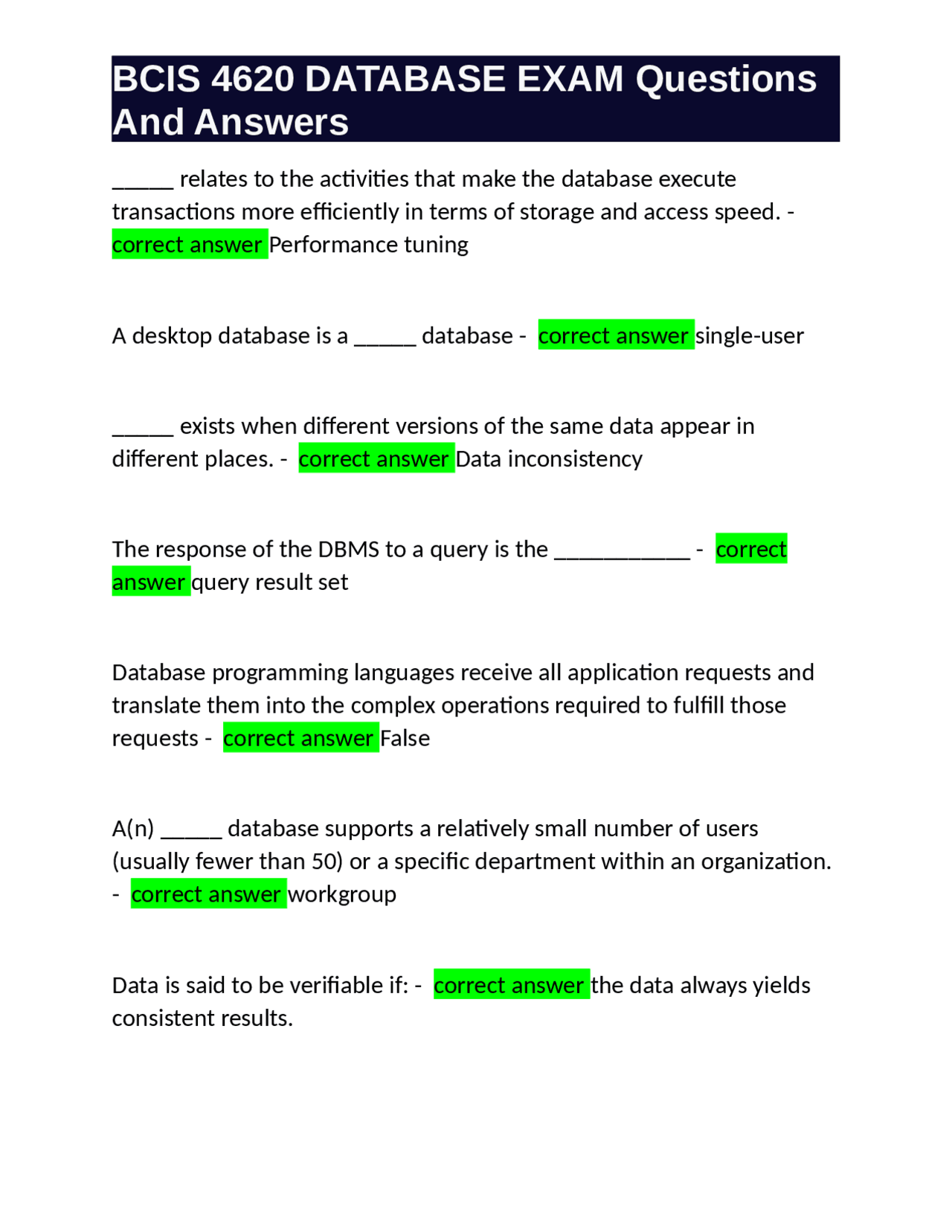 Bcis 4620 Database Exam Questions And Answers Exams Database Management Systems Dbms Docsity