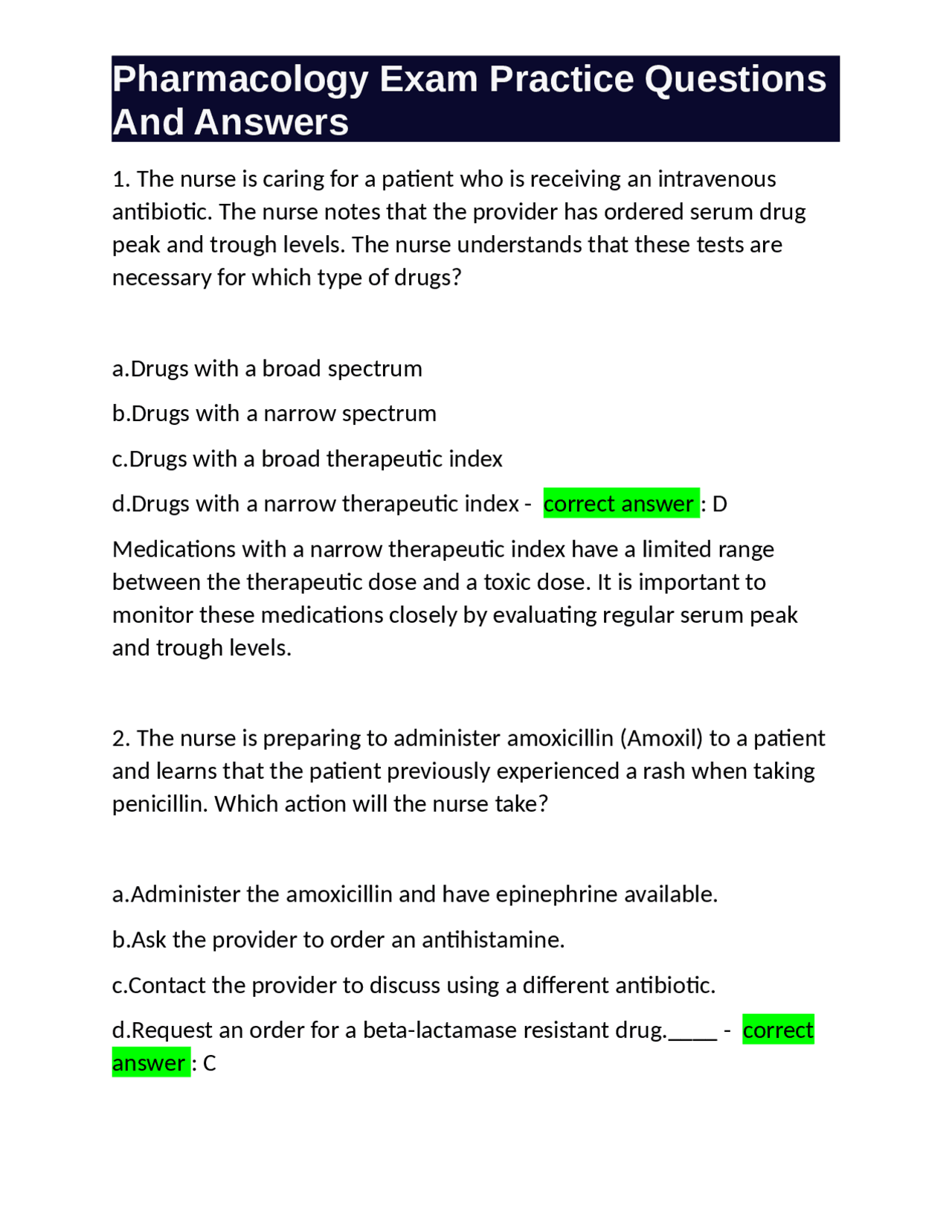 Pharmacology Exam Practice Questions And Answers | Exams Pharmacology ...