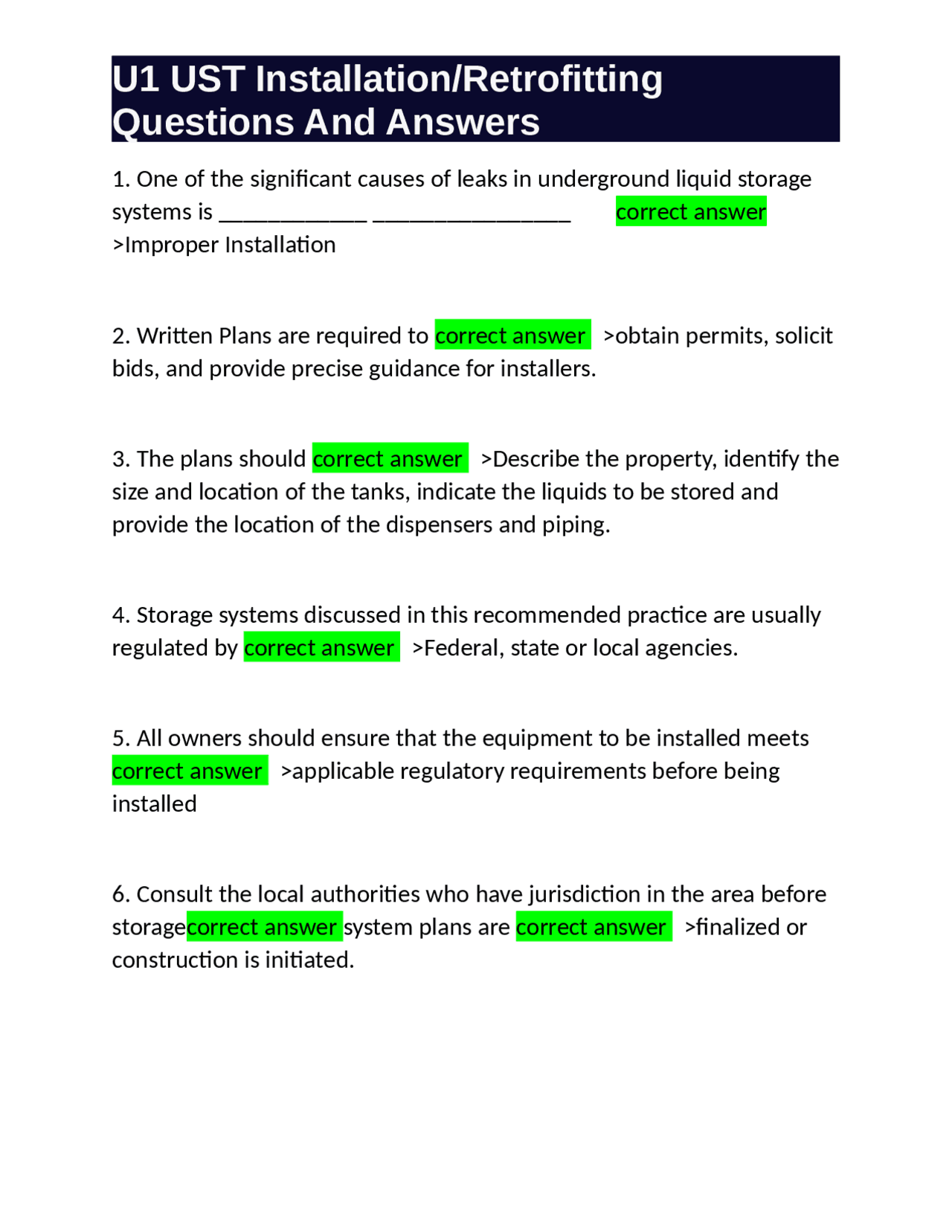 U1 UST Installation/Retrofitting Questions And Answers | Exams Water ...