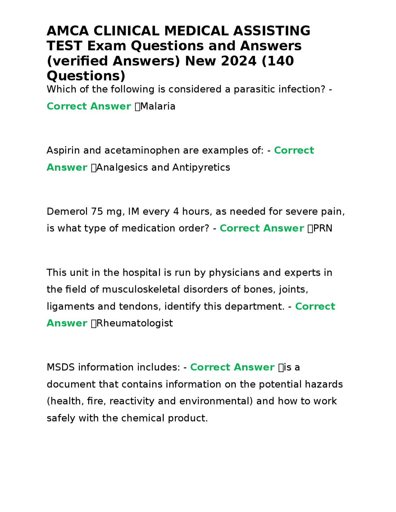 AMCA CLINICAL MEDICAL ASSISTING TEST Exam Questions and Answers ...