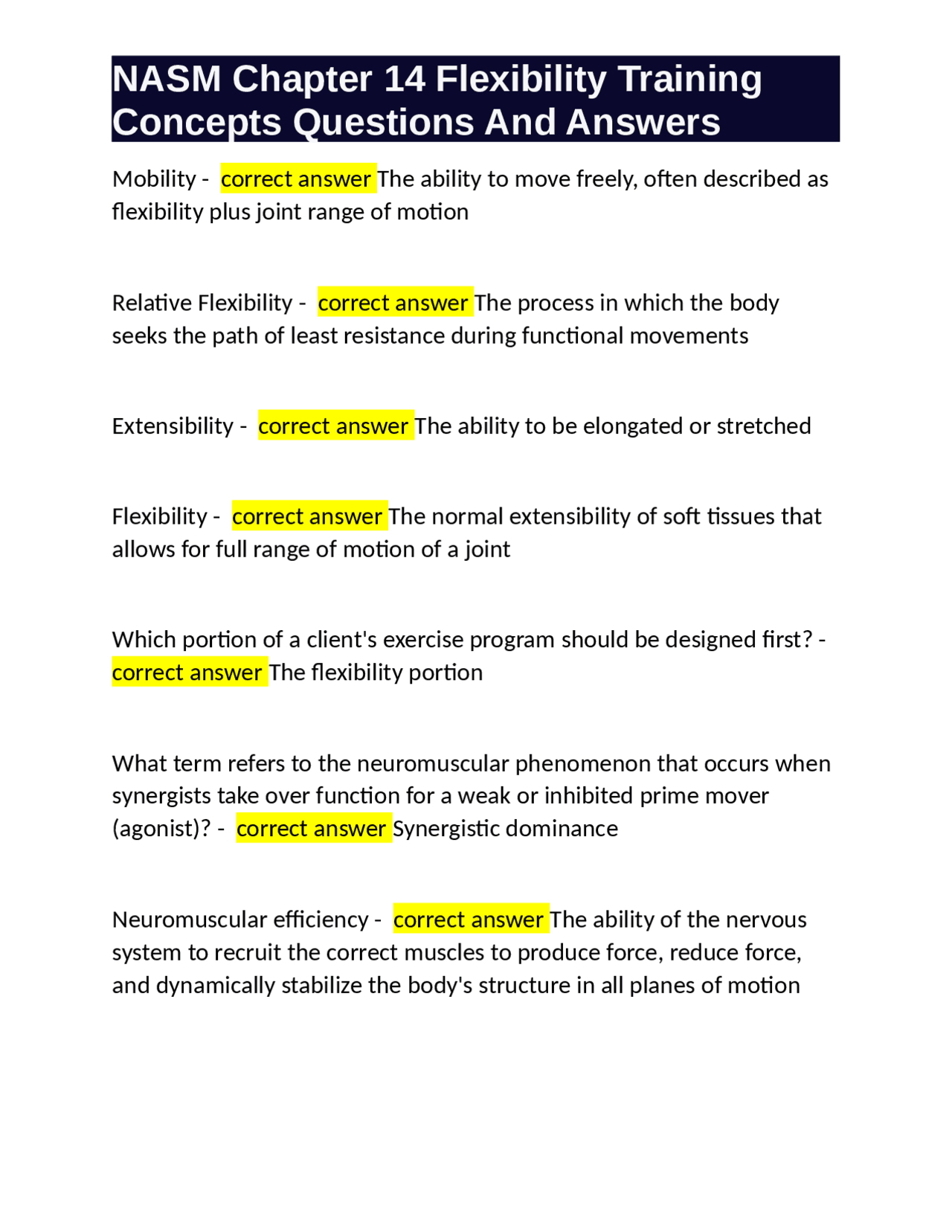 NASM Chapter 14 Flexibility Training Concepts Questions And Answers ...