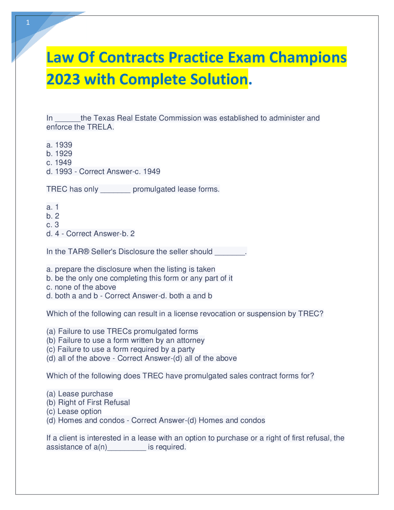 Law Of Contracts Practice Exam Champions 2023 with Complete Solution. | Exams Marketing Business ...