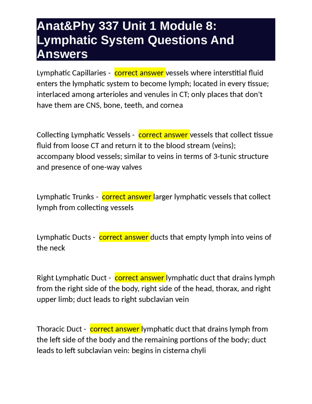 Lymphatic System: Anatomy and Function | Exams Anatomy | Docsity