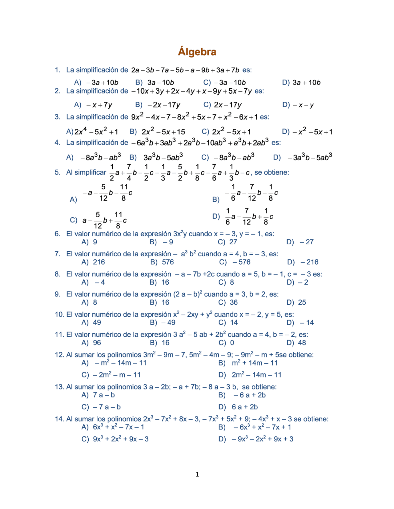 EJecicios de Algebra | Ejercicios de Matemáticas | Docsity