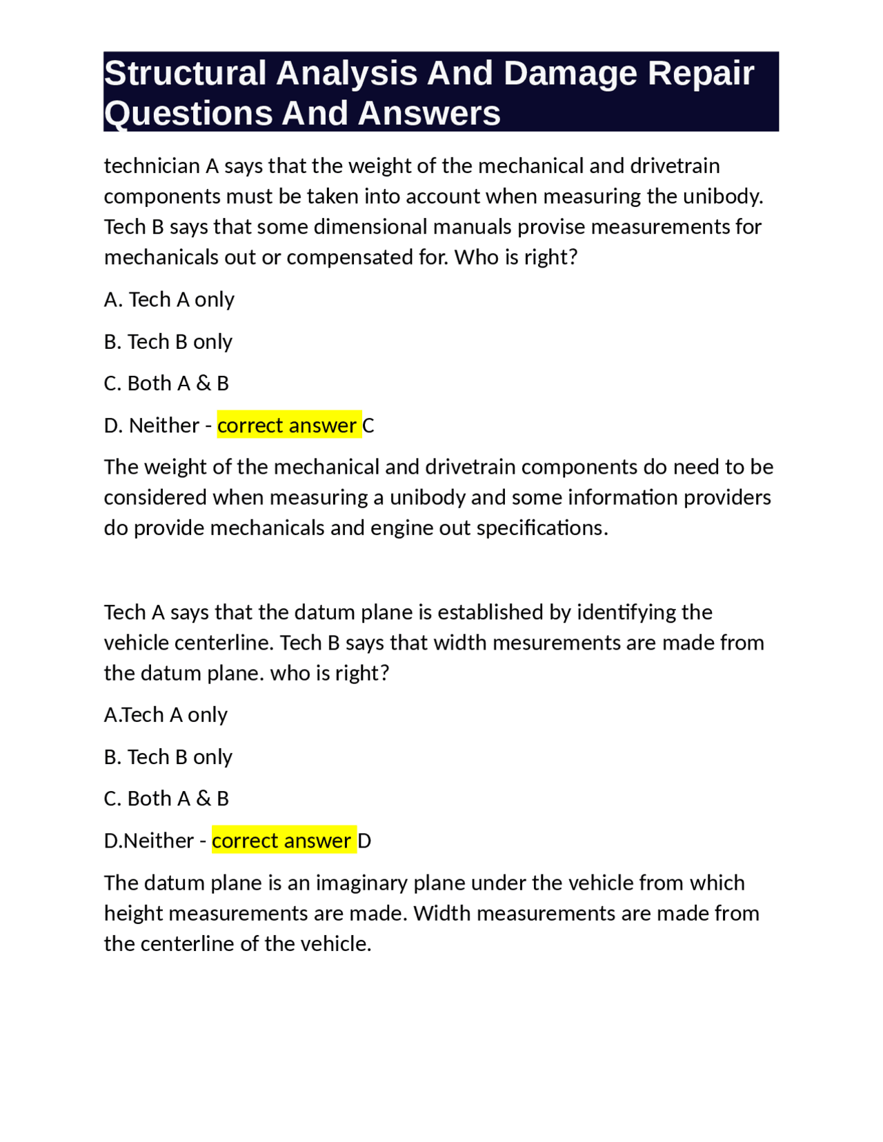 Structural Analysis And Damage Repair Questions And Answers | Exams Structural Analysis | Docsity