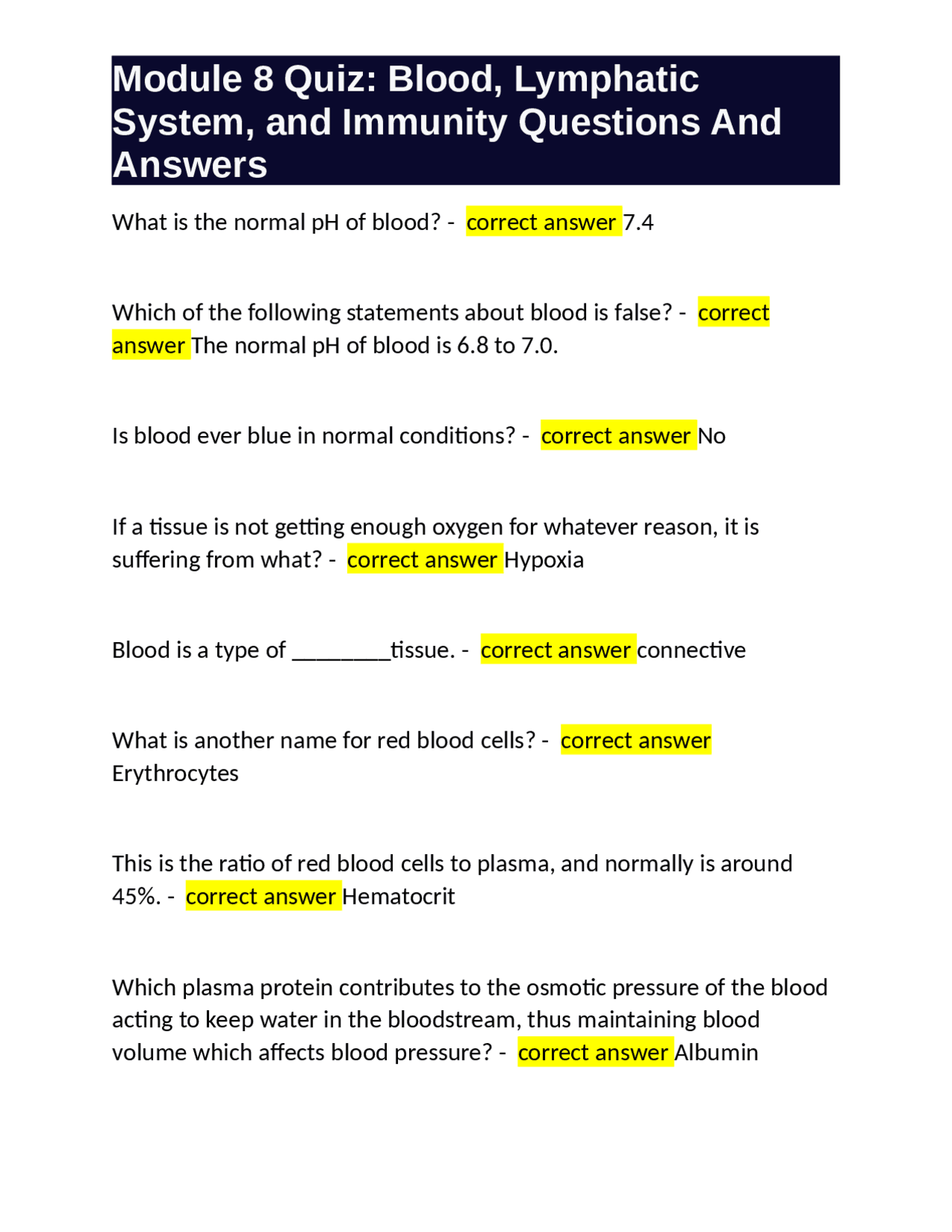 Module 8 Quiz: Blood, Lymphatic System, and Immunity Questions and ...
