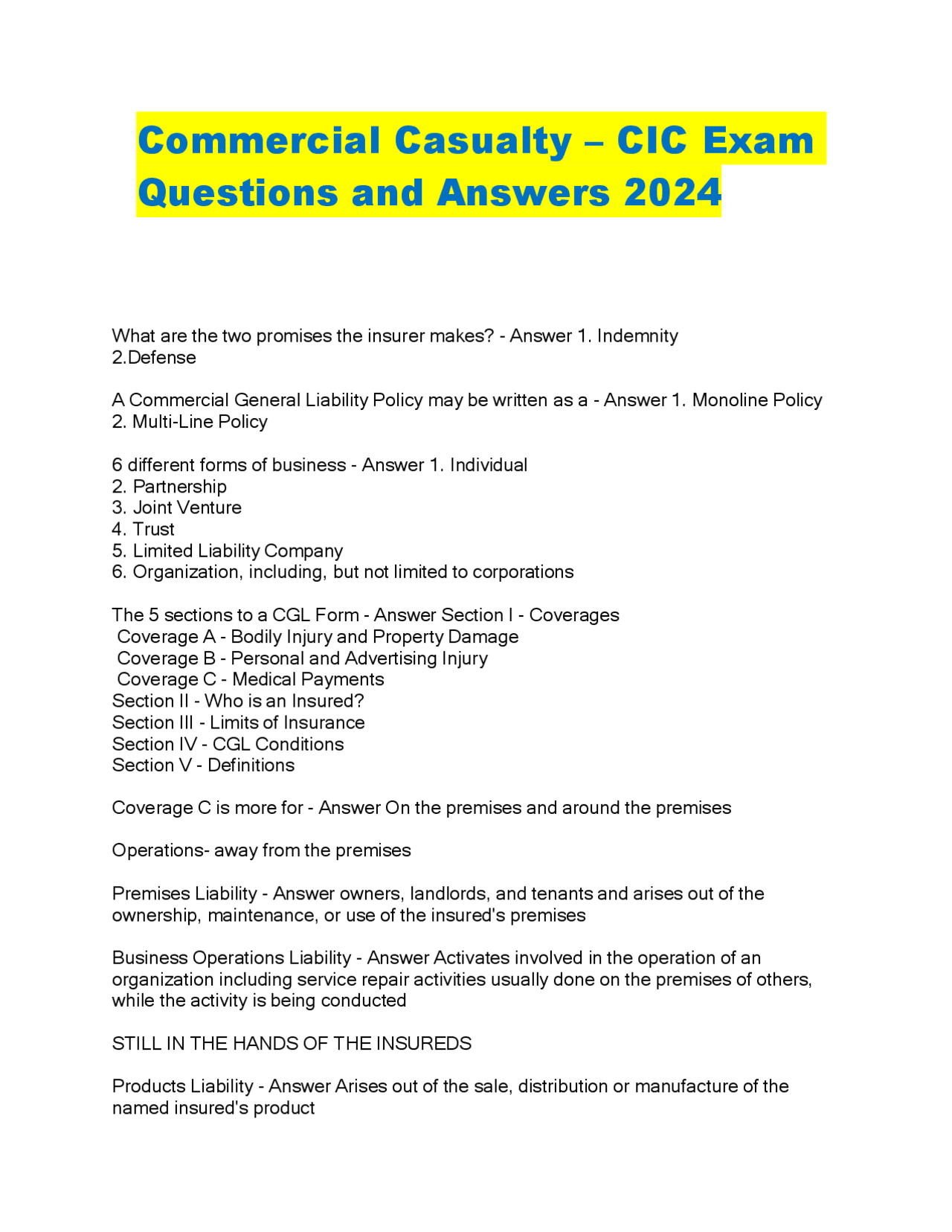 Commercial Casualty – CIC Exam Questions and Answers 2024 | Exams ...