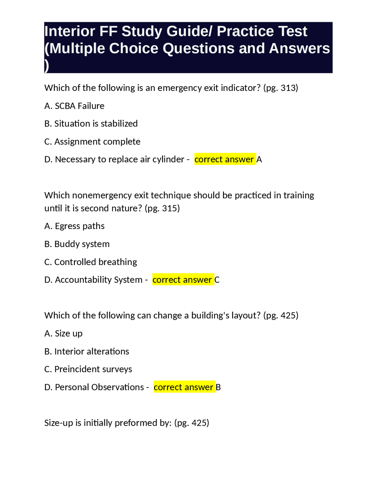 Interior FF Study Guide/ Practice Test (Multiple Choice Questions and ...