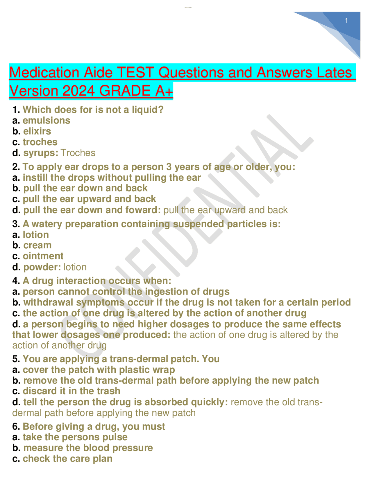 Medication Aide TEST Questions and Answers Latest Version 2024 | Exams ...