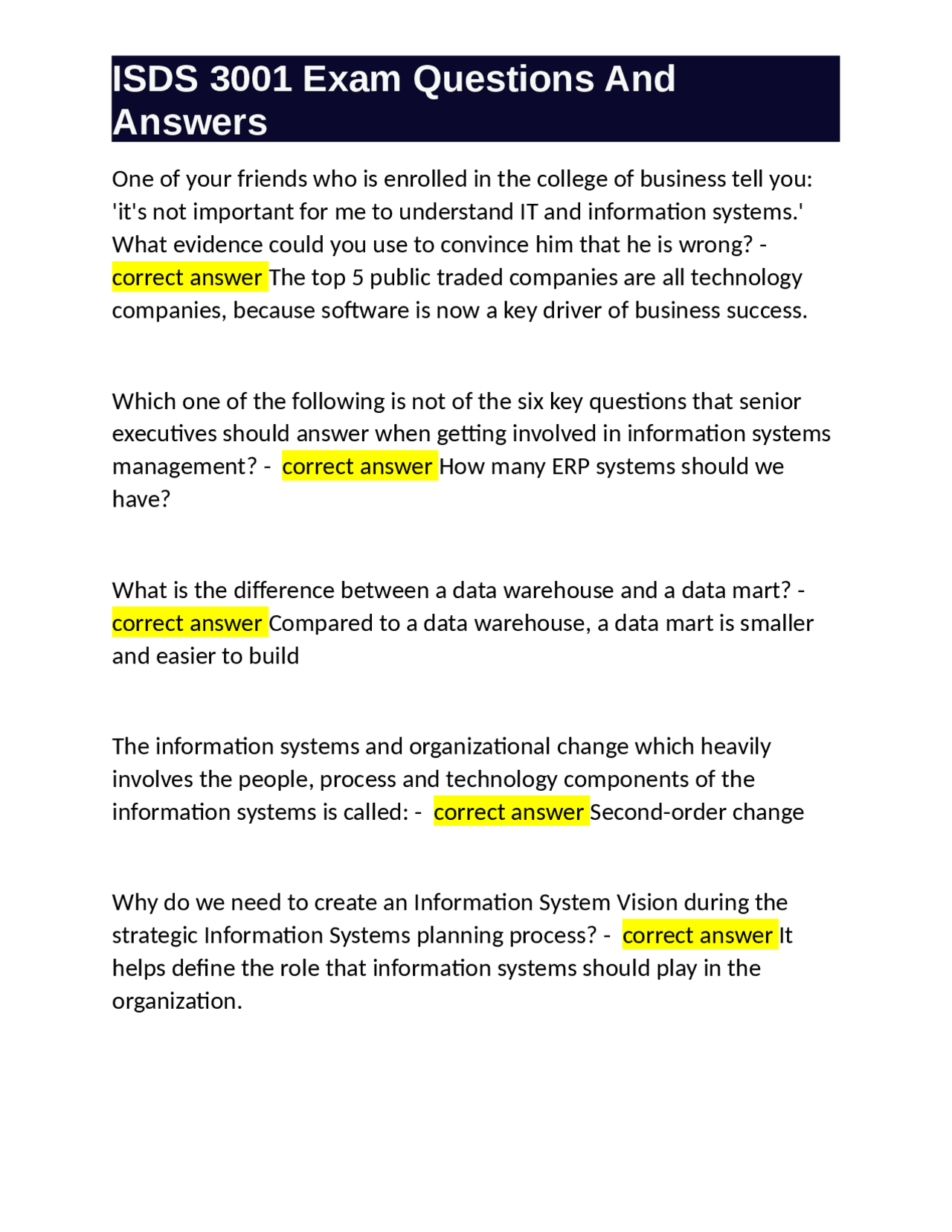 Isds 3001 Exam Questions And Answers It And Information Systems