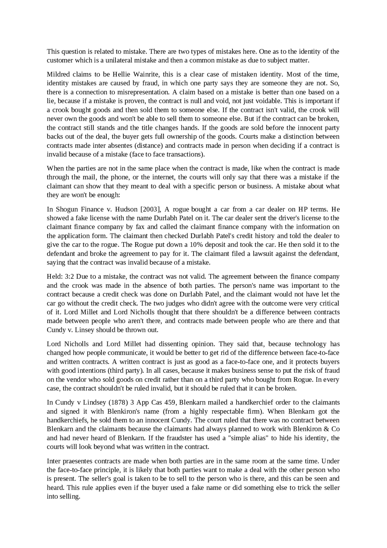 Mistake Question and answer. 3 types of mistakes | Exams Contract Law ...