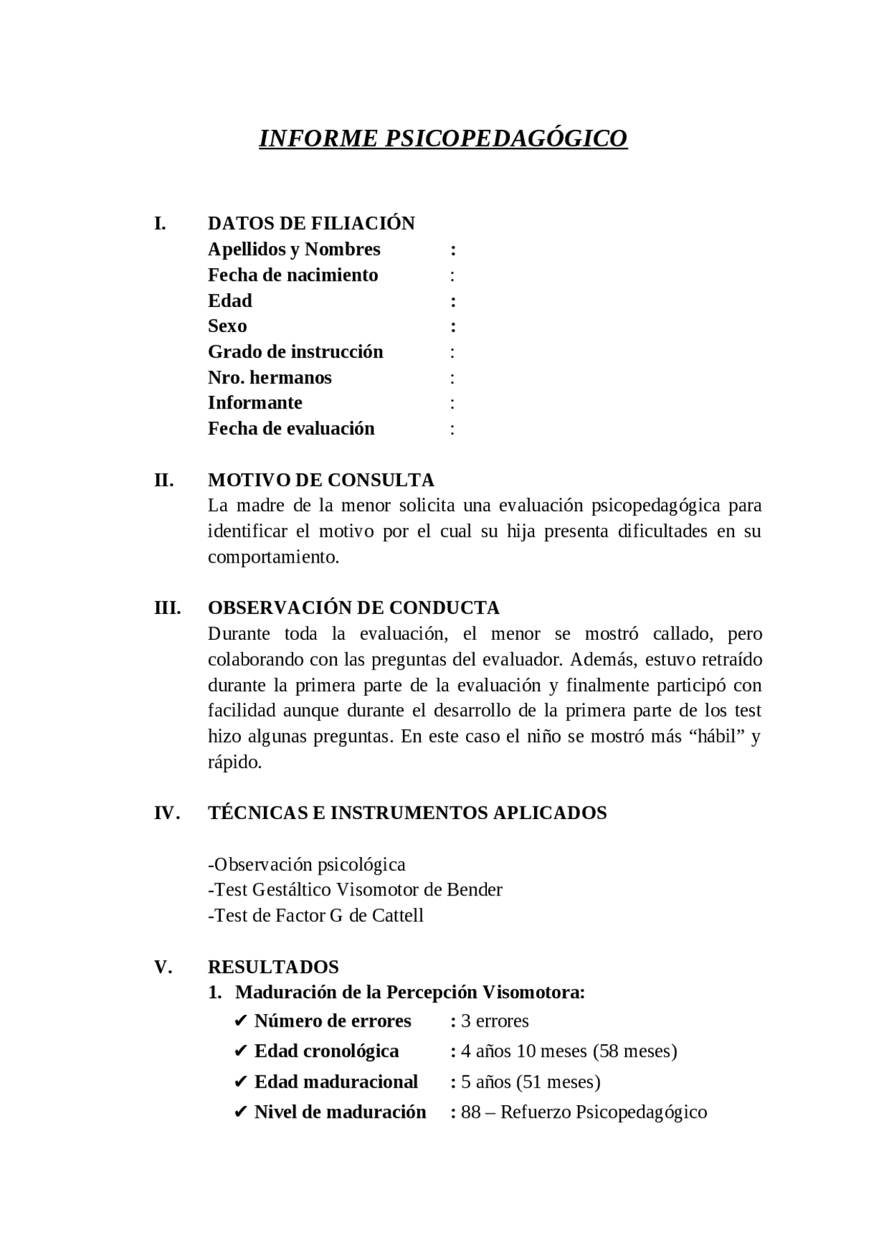 Modelo de informe bender | Esquemas y mapas conceptuales de Psicología | Docsity
