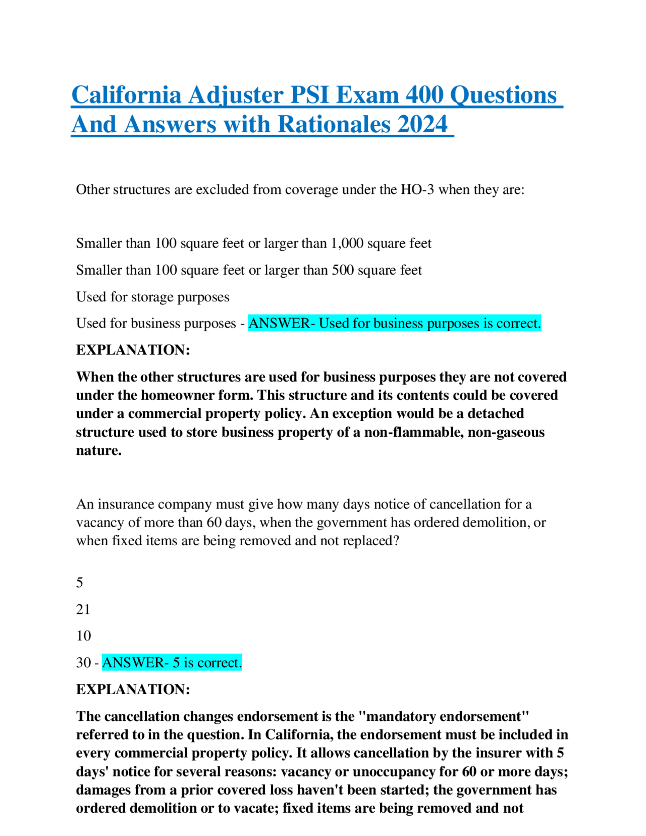 Insurance Coverage Questions and Answers | Exams Marketing Business-to ...