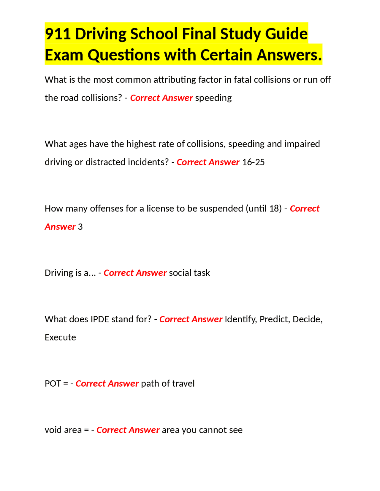 911 Driving School Final Study Guide Exam Questions with Certain ...