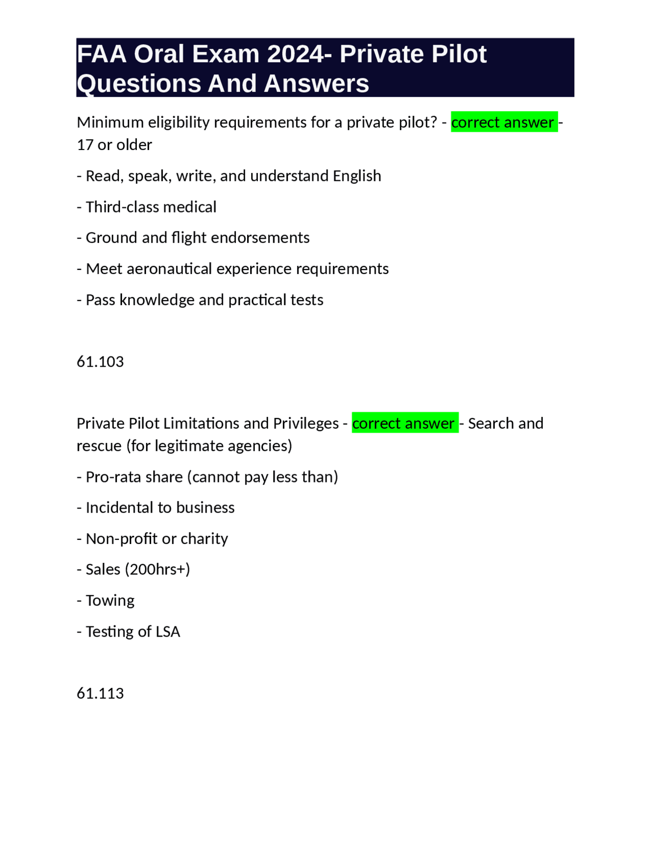 FAA Oral Exam 2024- Private Pilot Questions And Answers | Exams ...