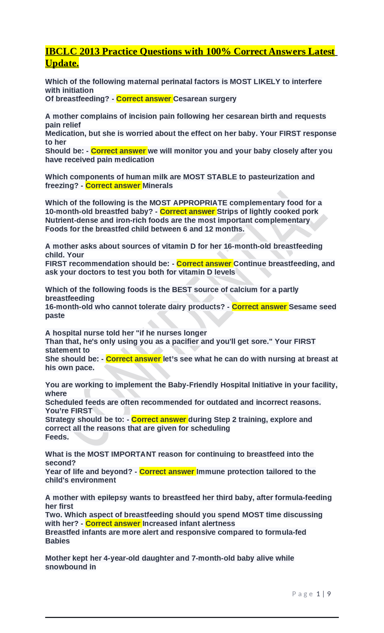 IBCLC 2013 Practice Questions with 100% Correct Answers Latest Update ...