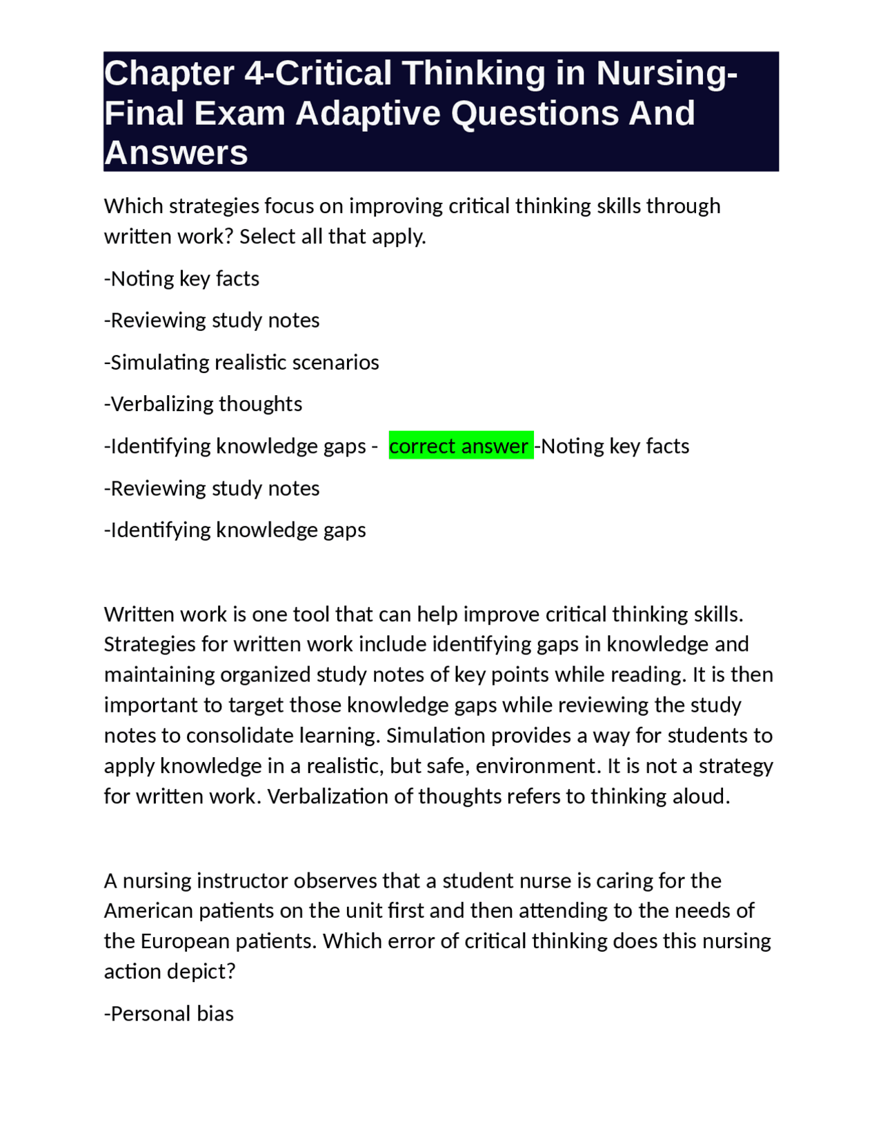 Critical Thinking Strategies and Errors in Nursing: Exam Questions and ...