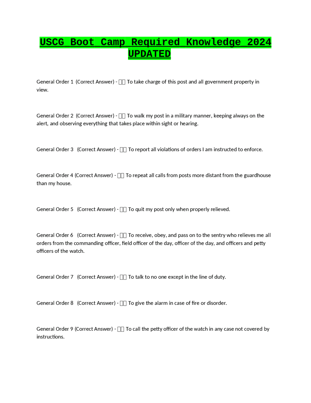 USCG Boot Camp General Orders and Coast Guard Ethos | Exams Military ...