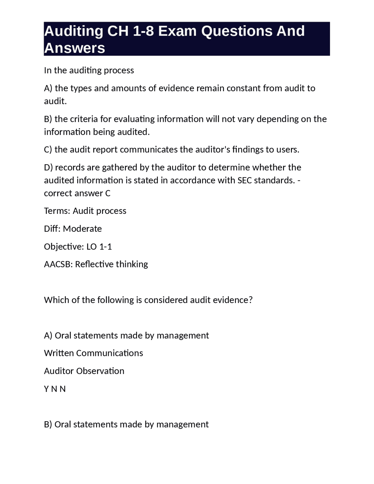 Auditing CH 1-8 Exam Questions And Answers | Exams Auditing | Docsity