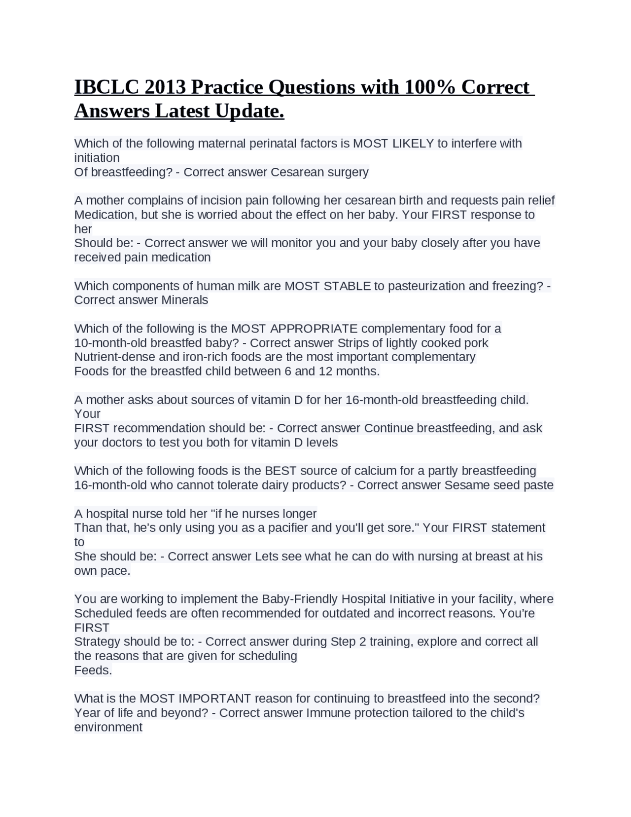 IBCLC 2013 Practice Questions with 100% Correct Answers Latest Update ...