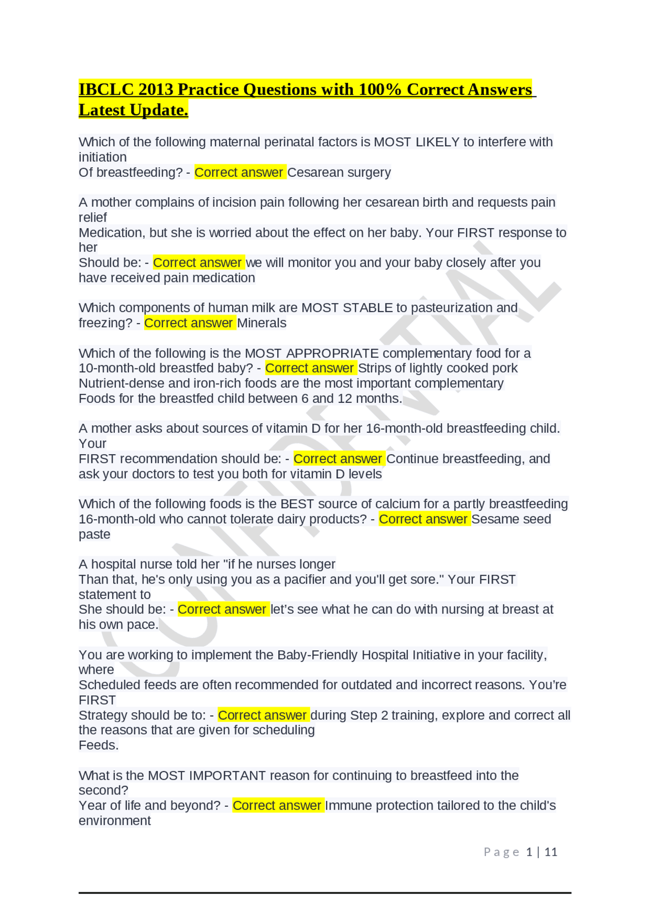 IBCLC 2013 Practice Questions with 100% Correct Answers Latest Update ...