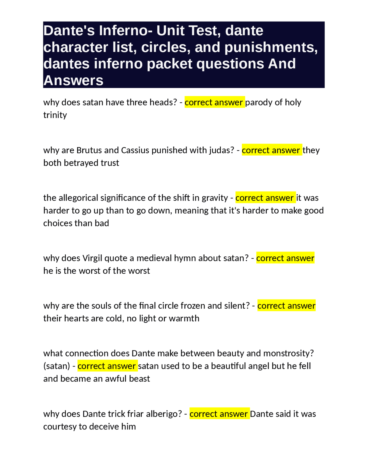 Dante's Inferno Unit Test: Characters, Circles, and Punishments | Exams ...