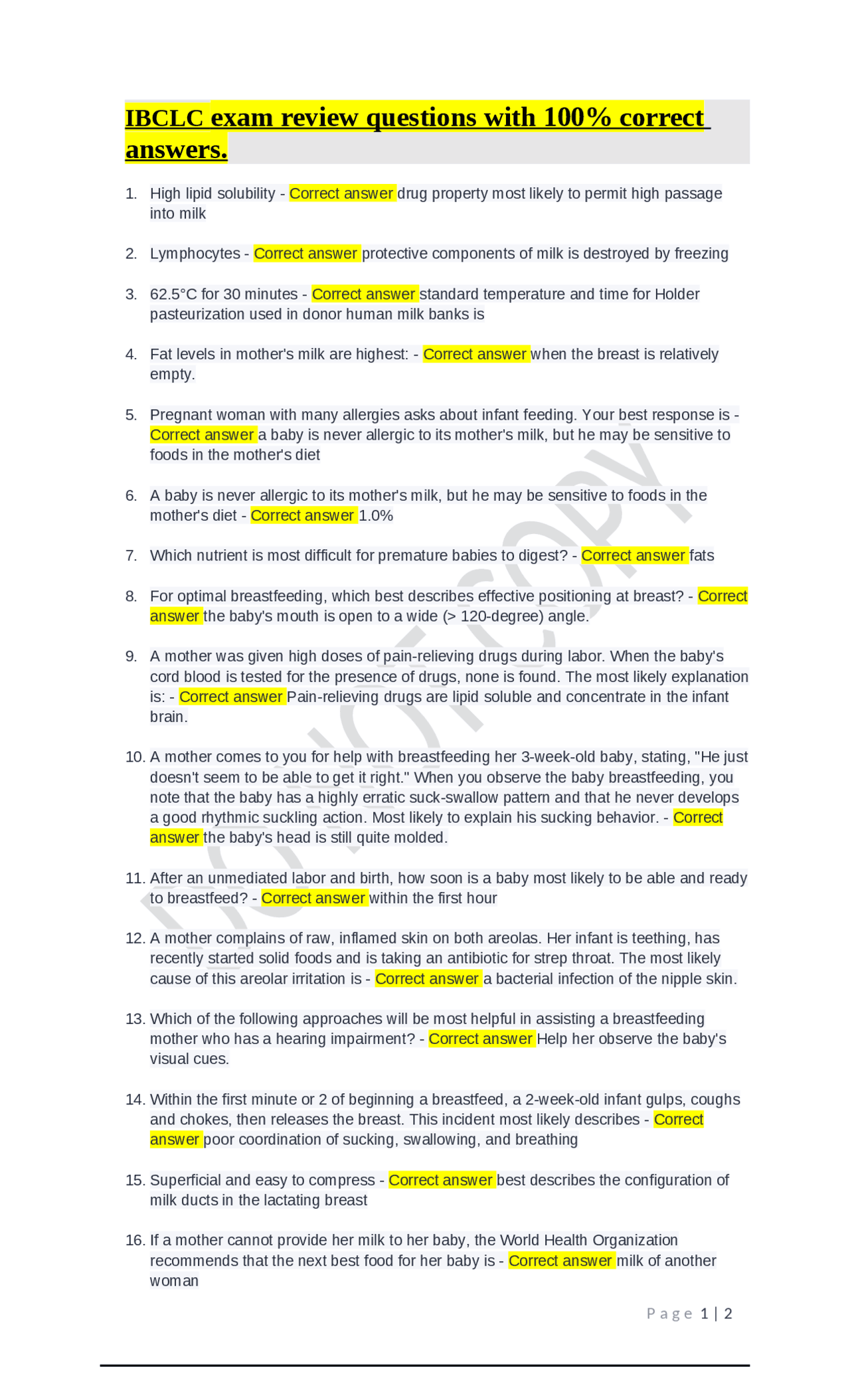IBCLC exam review questions with 100% correct answers. | Exams ...