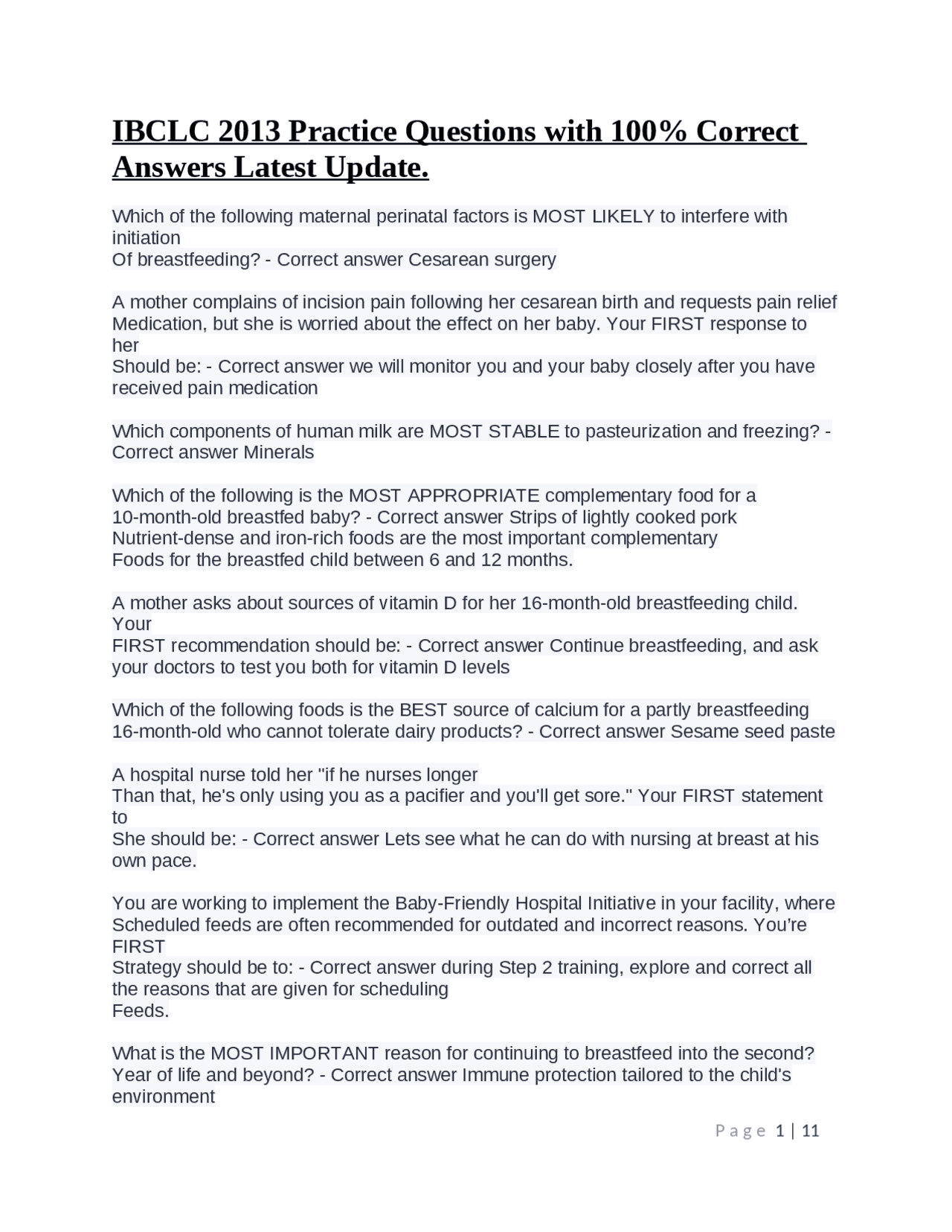 IBCLC 2013 Practice Questions with 100% Correct Answers Latest Update ...