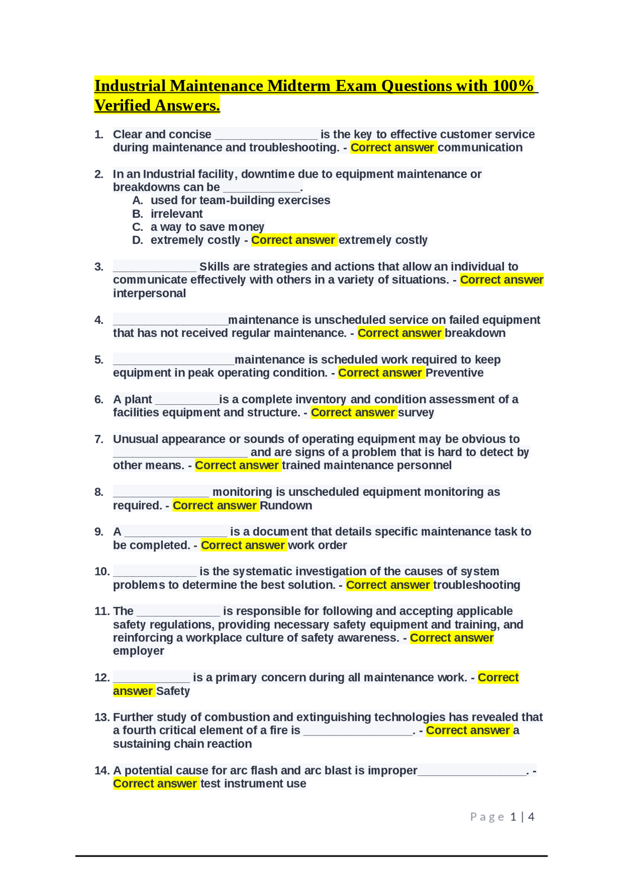 Industrial Maintenance Midterm Exam Questions with 100% Verified ...