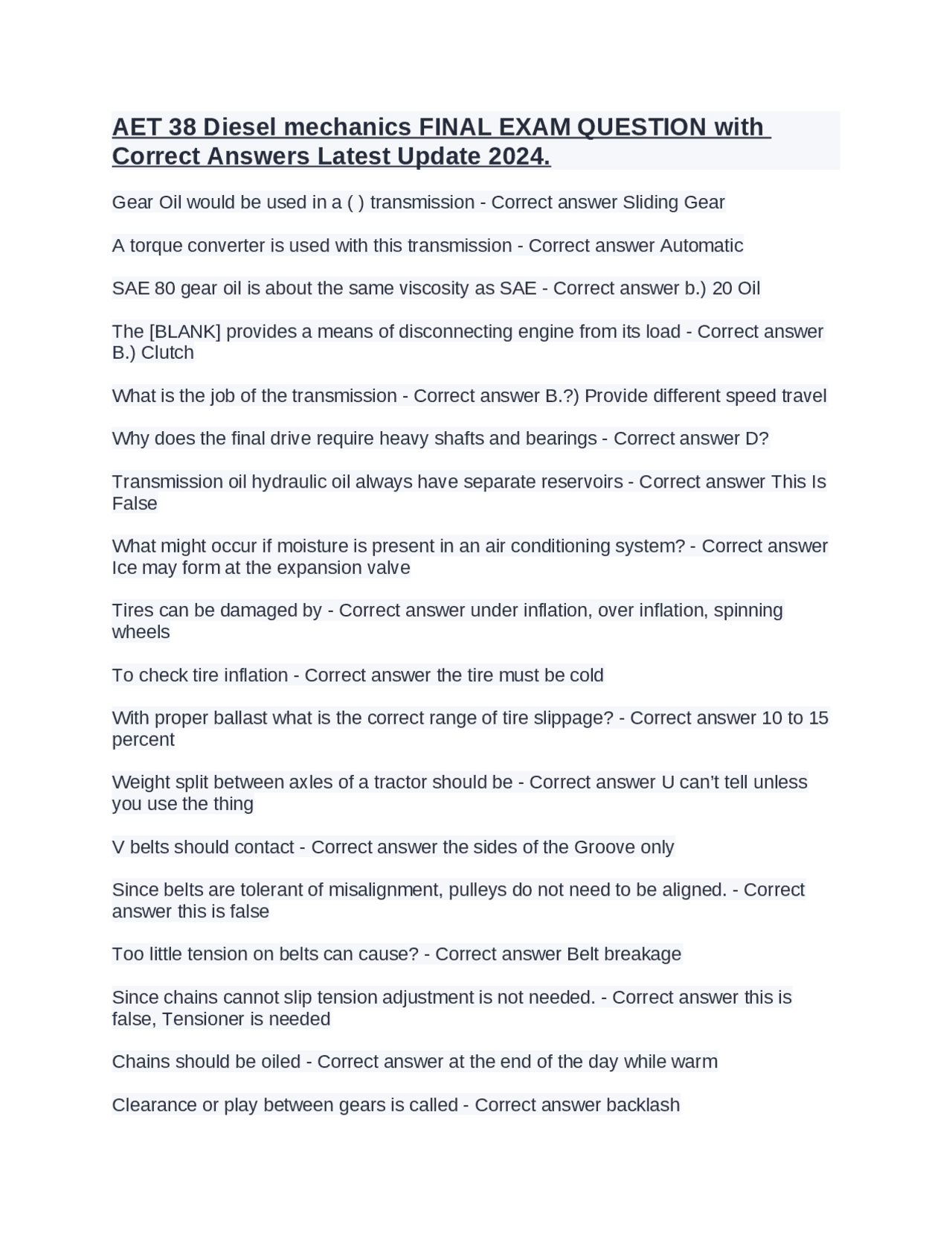 Diesel Mechanics Final Exam Questions and Answers (2024) | Exams ...