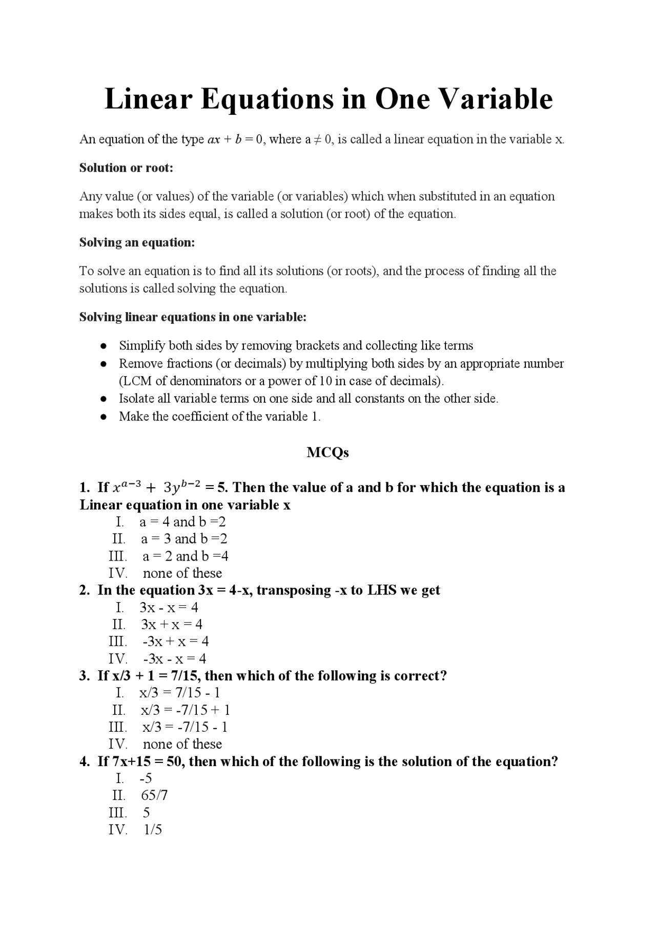 Linear Equation exercise for beginners | Exercises Mathematics | Docsity