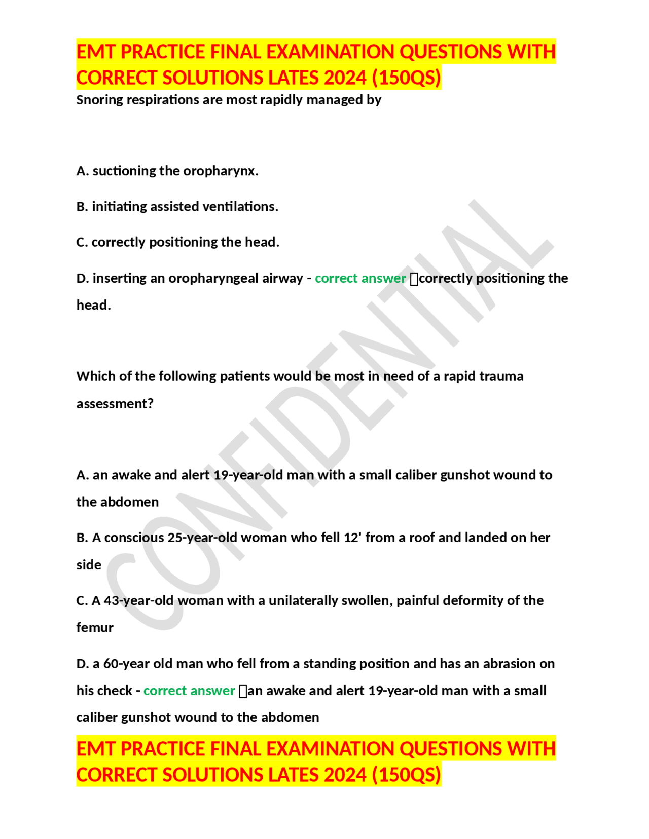 EMT PRACTICE FINAL EXAMINATION QUESTIONS WITH CORRECT SOLUTIONS LATES ...