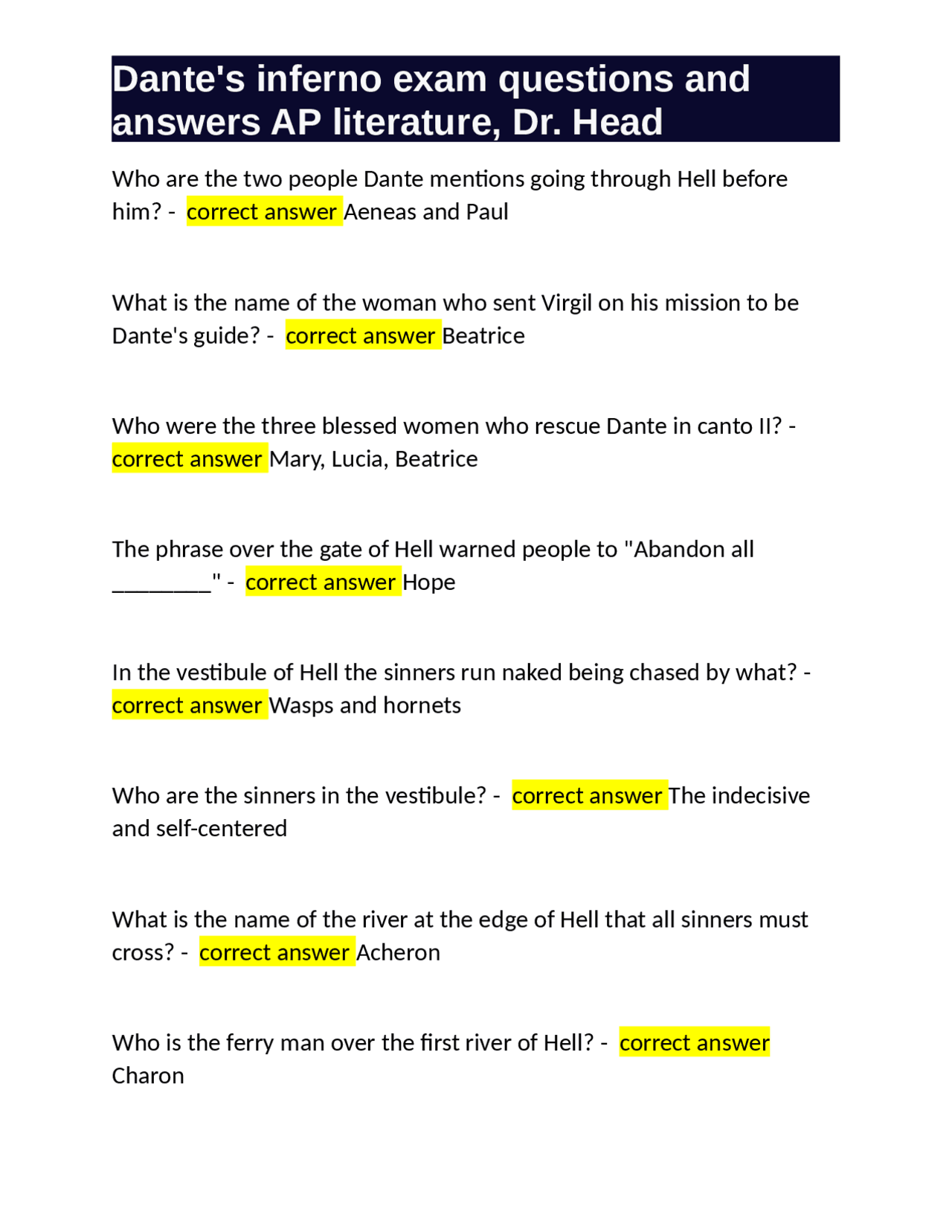 AP Literature Exam Questions and Answers for Dante's Inferno by Dr ...
