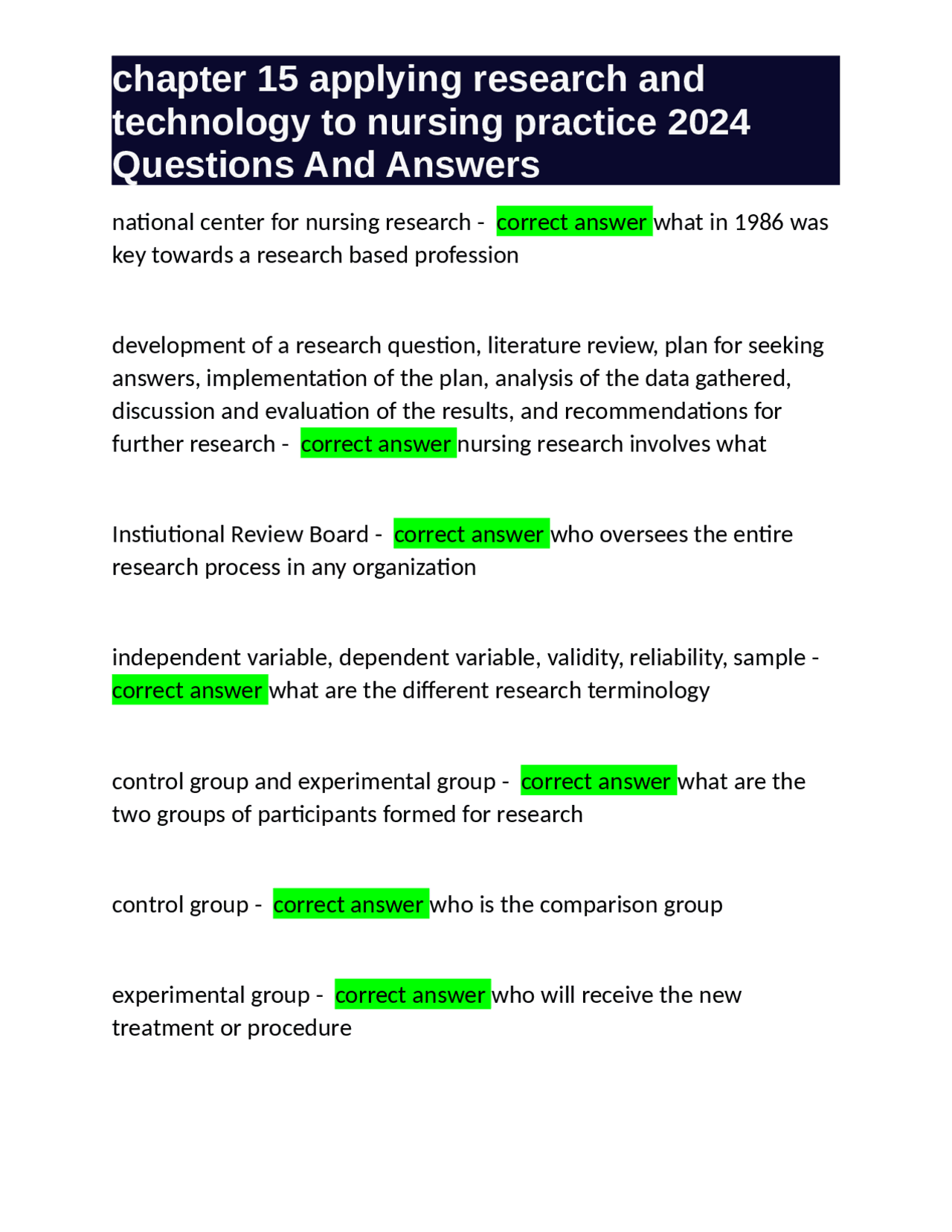 chapter 15 applying research and technology to nursing practice 2024 Questions And Answers ...