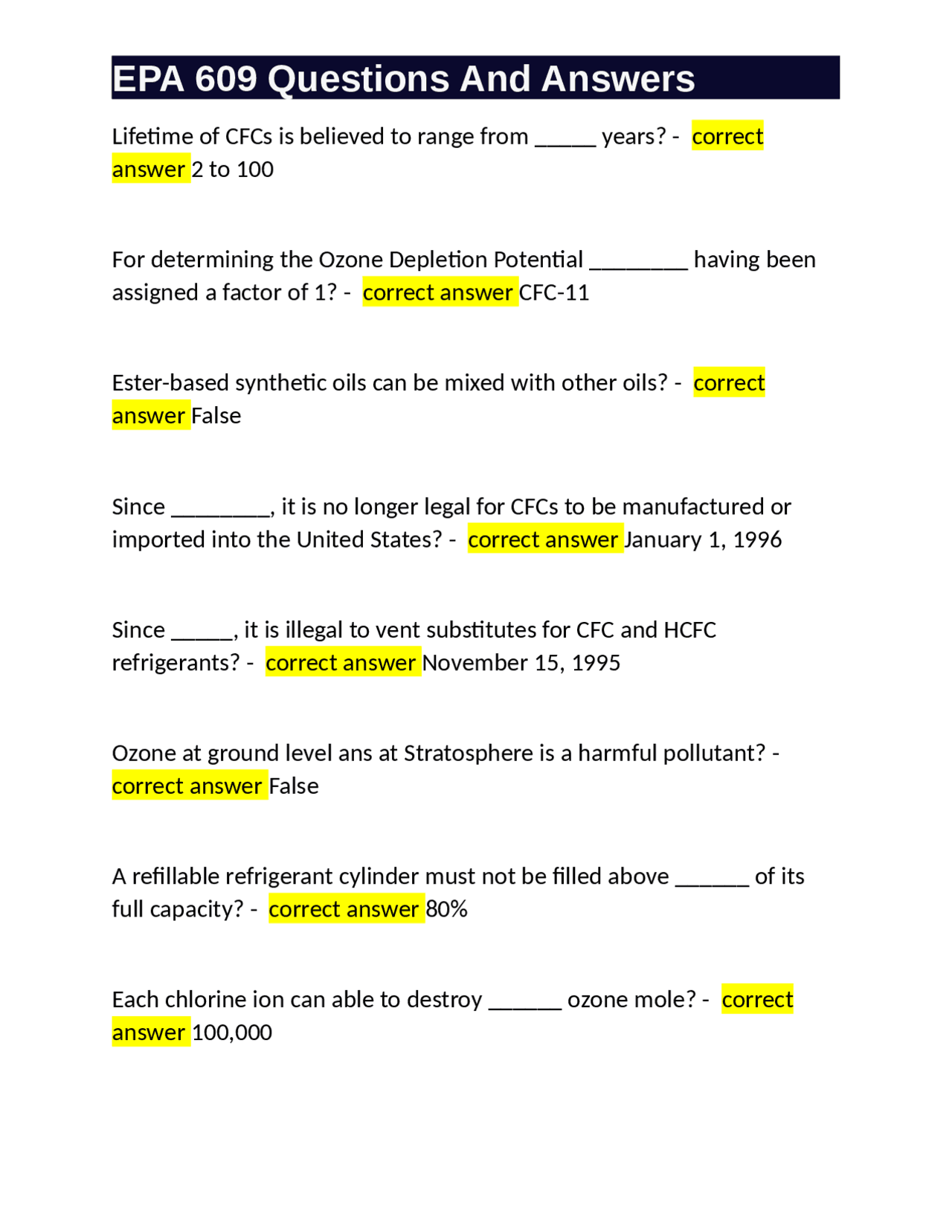 EPA 609 Questions And Answers | Exams Environmental Science | Docsity