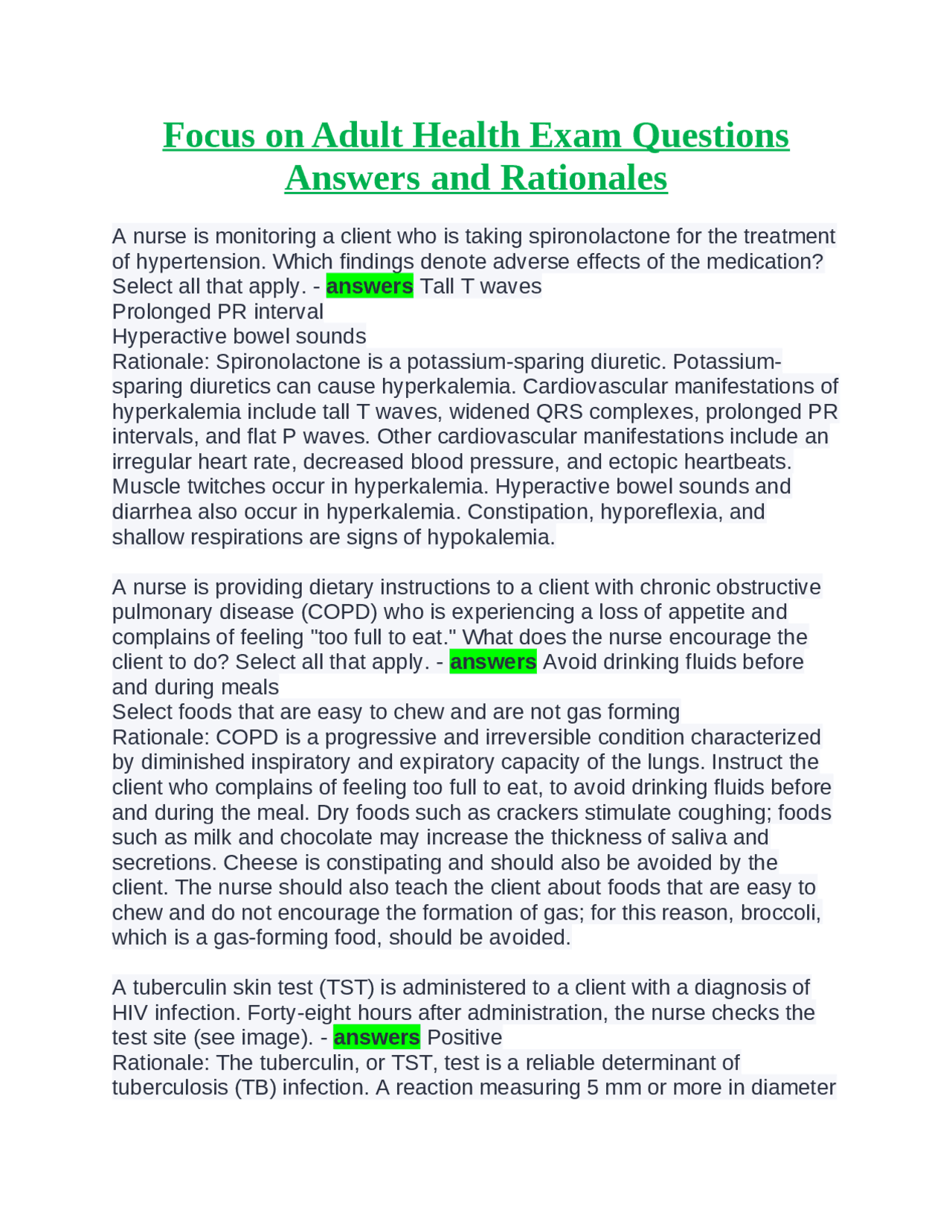 Focus on Adult Health Exam Questions Answers and Rationales | Exams ...